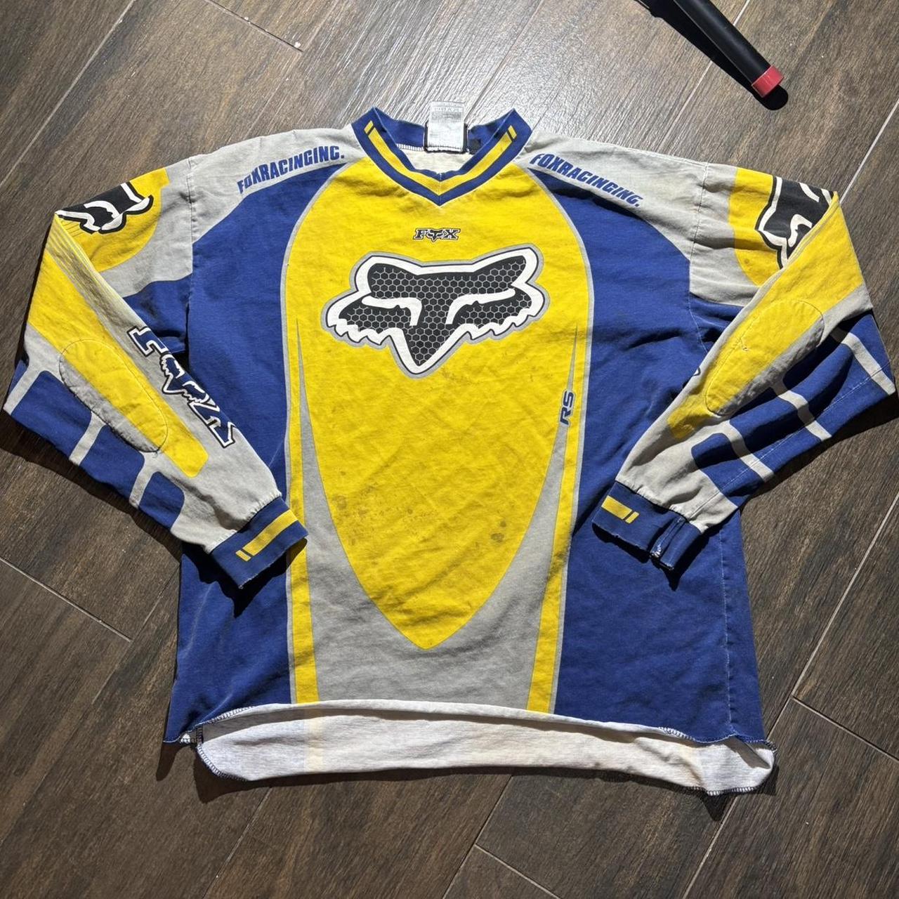 Distressed Fox Racing vintage jersey - blue and... | Depop