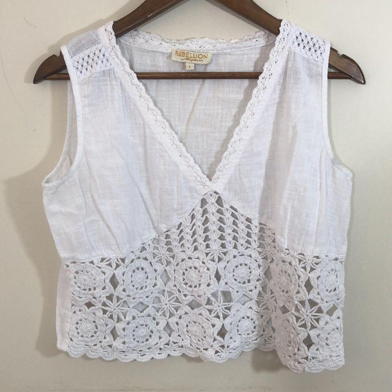 Rebellion Again crop top white lace tank top V neck... - Depop