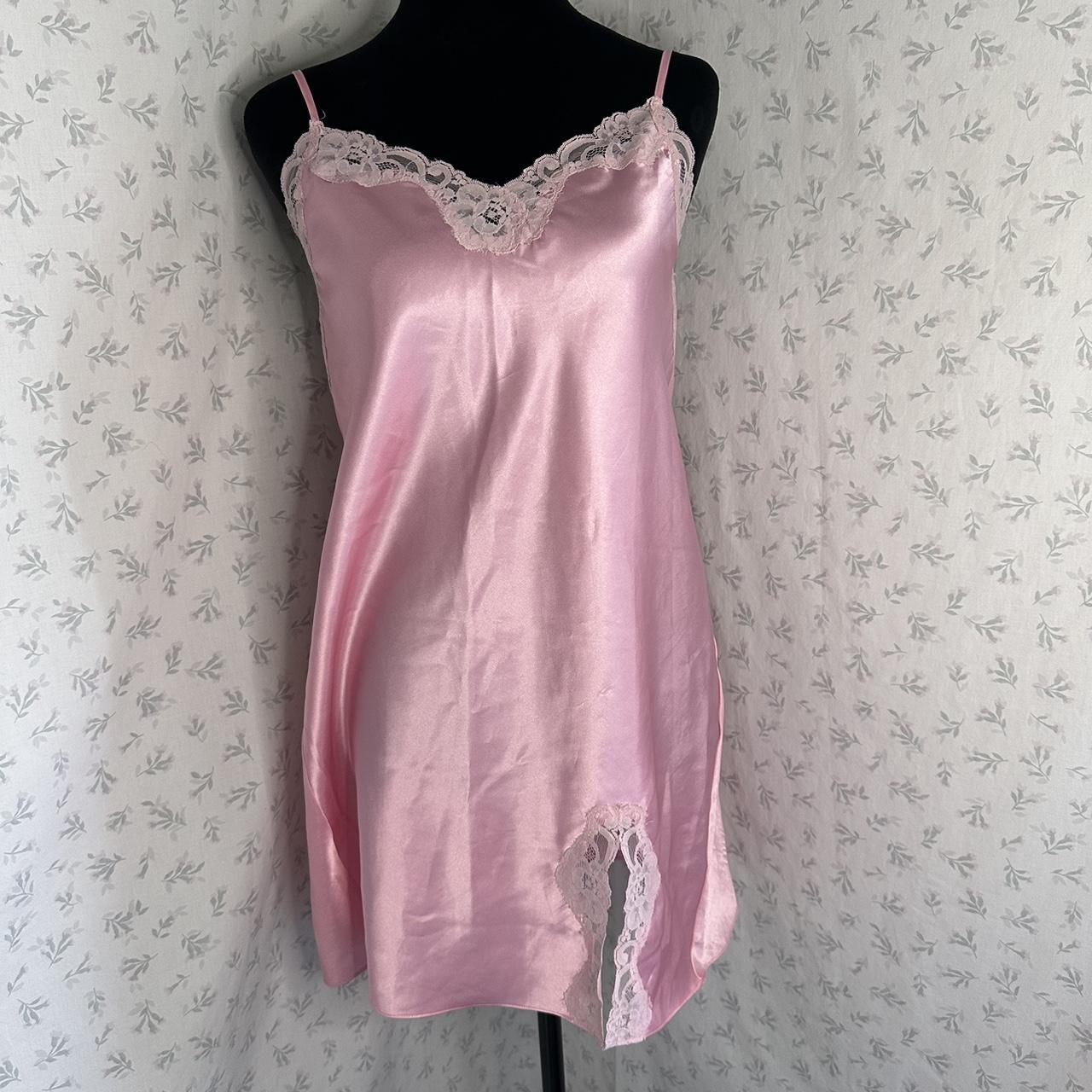 Pink satin nightgown / slip dress with lace trim +... - Depop