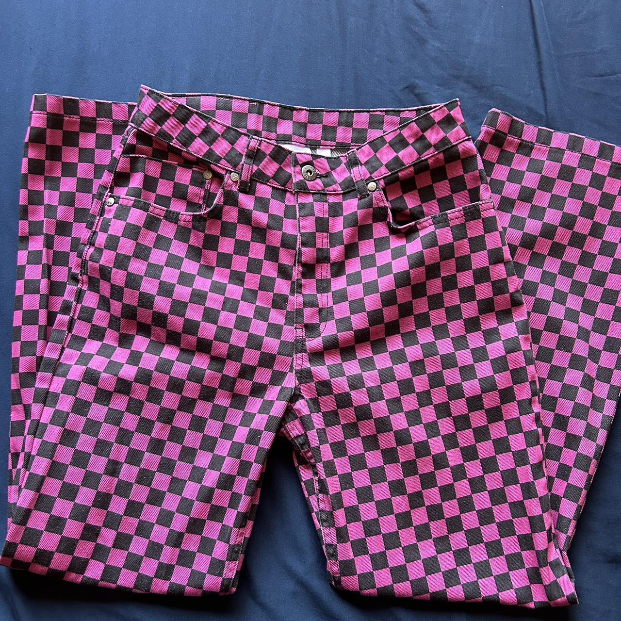 super cute pink+black checkered jeans that kind of... - Depop