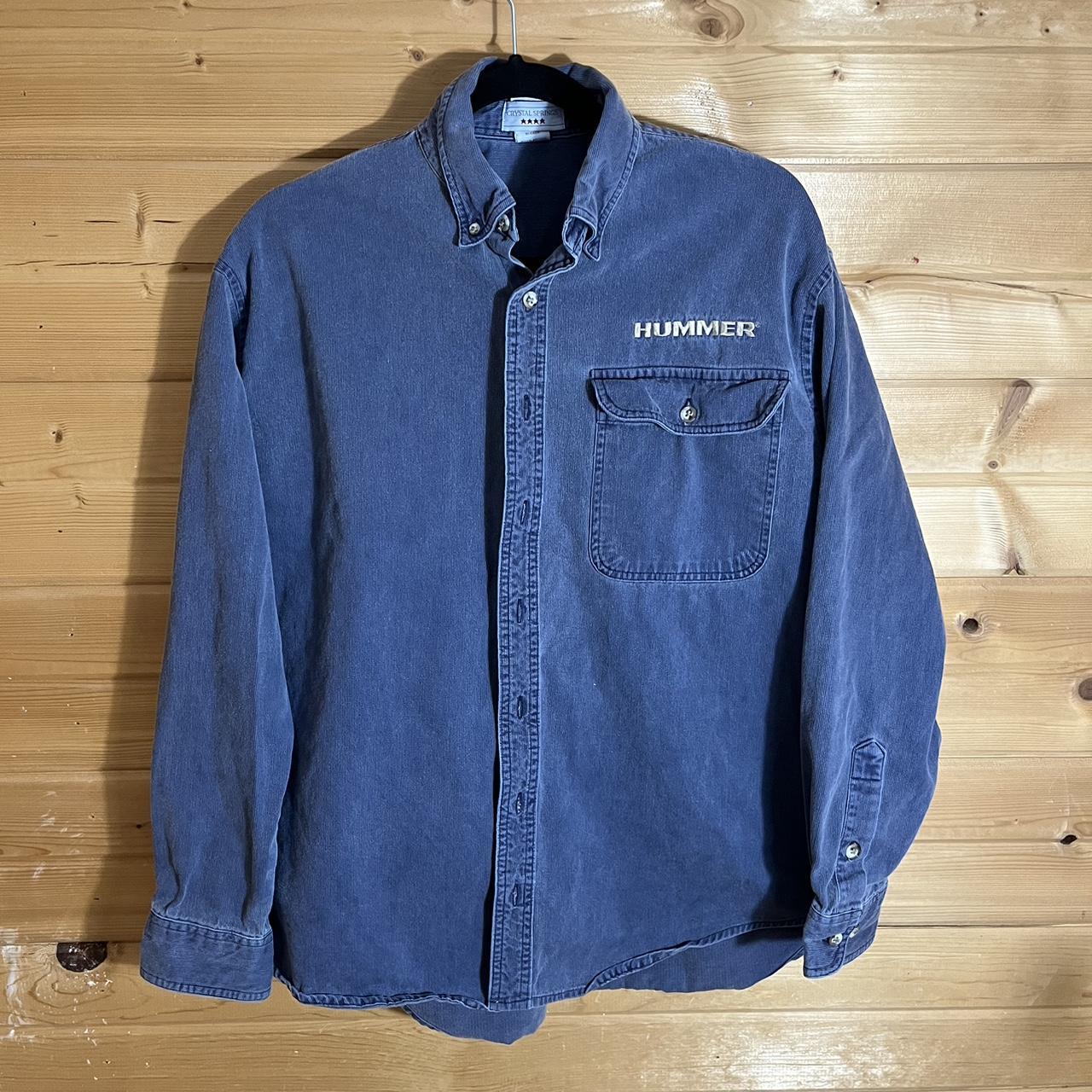 vintage 90s blue denim button up Hummer shirt size... - Depop