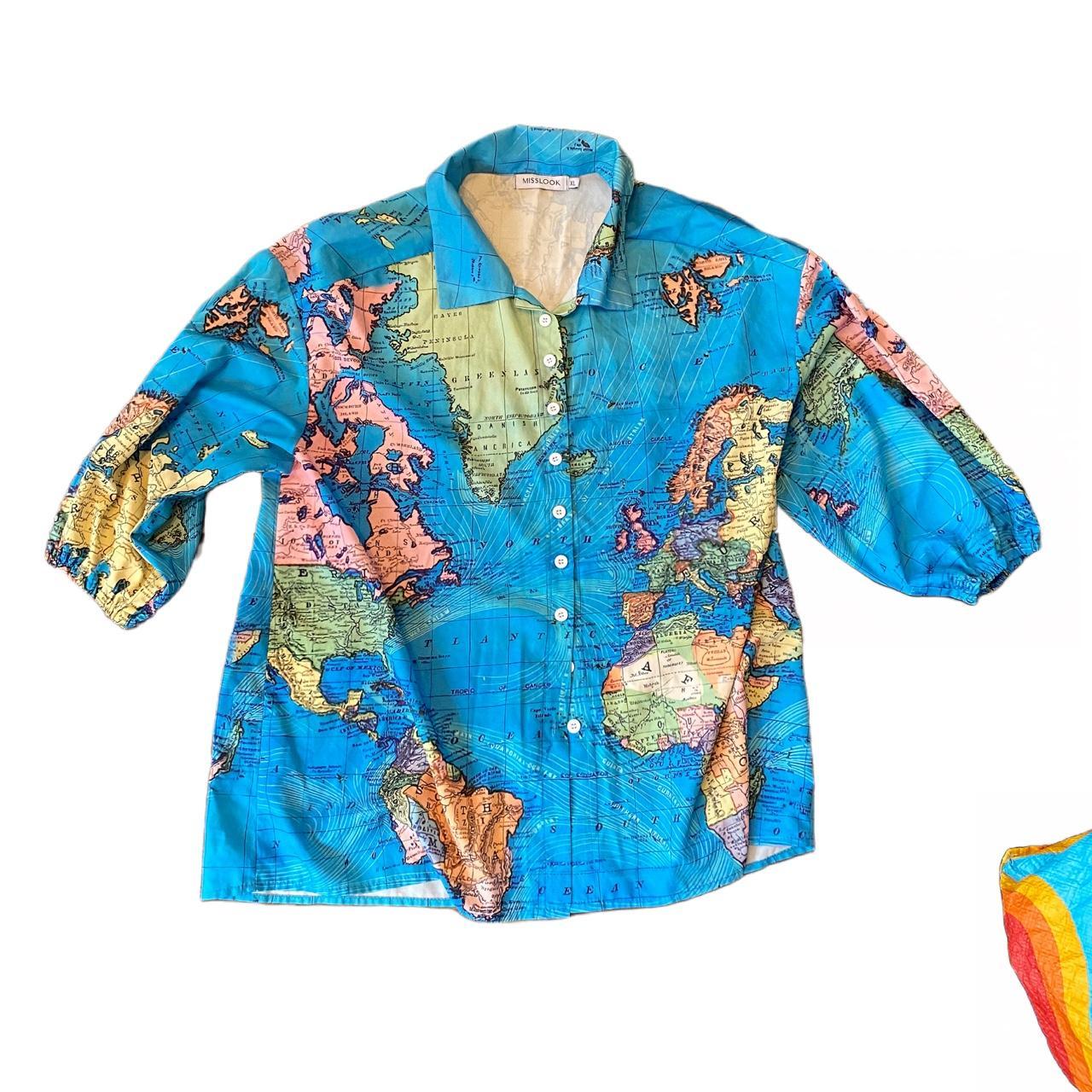 All over print map button up quarter length sleeves... - Depop