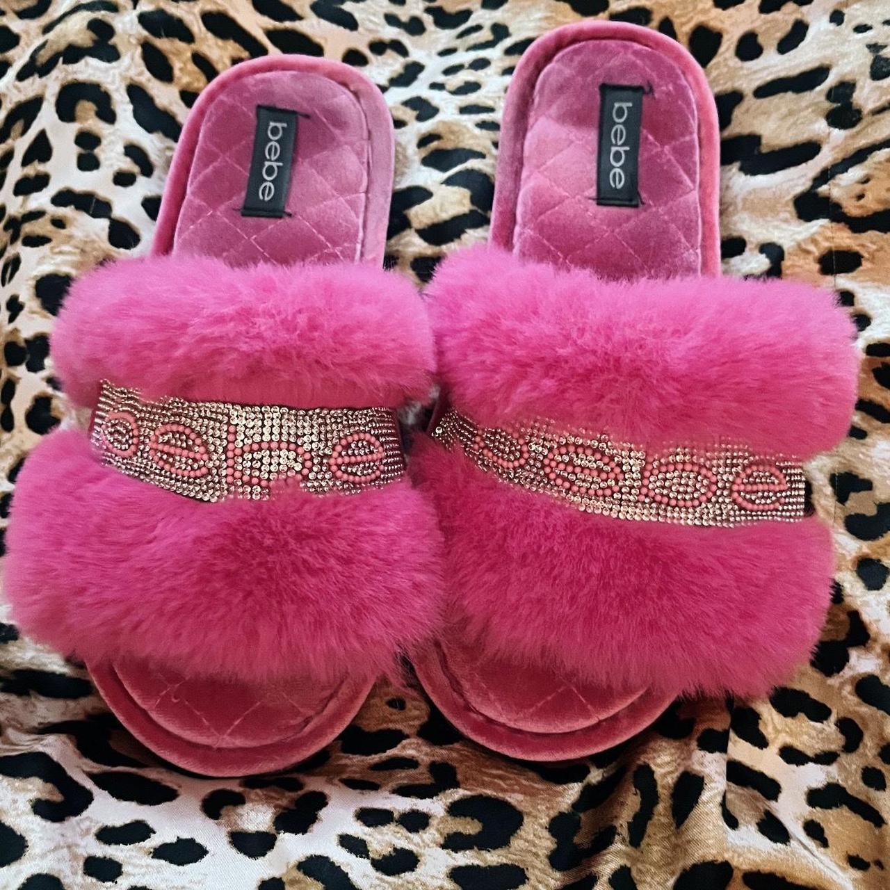 Pink Bebe slippers with rhinestone strap and faux... | Depop