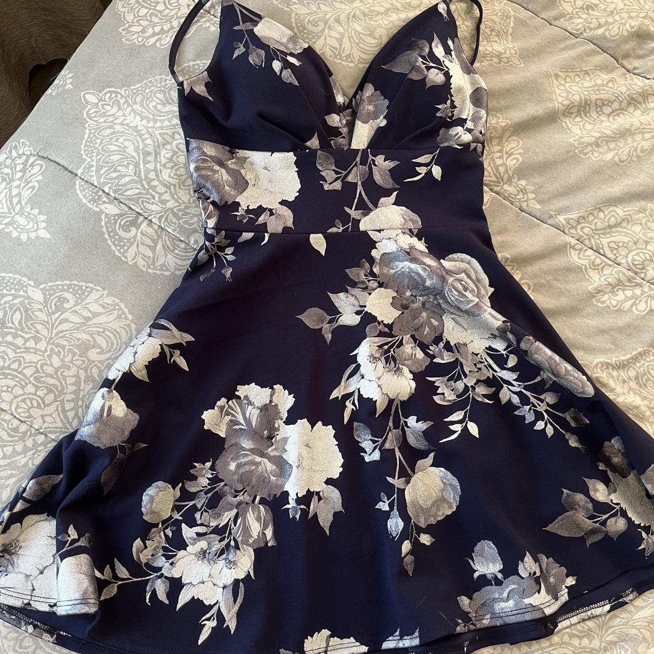 Navy blue cocktail dress with silver floral print &... | Depop