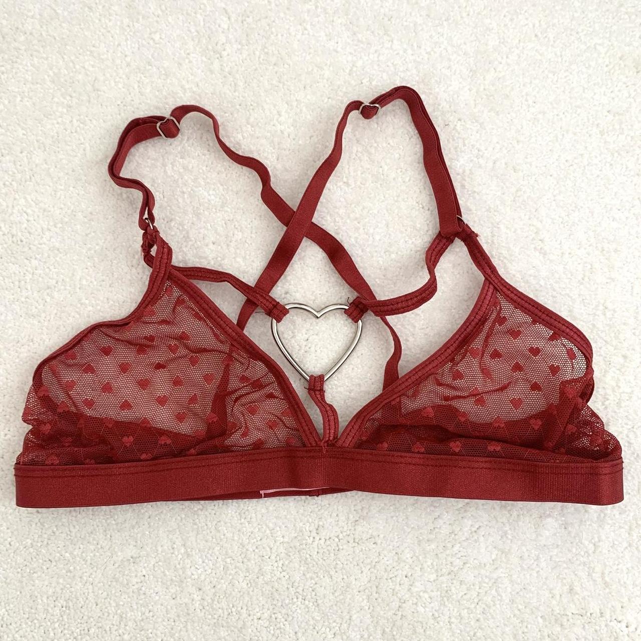 Sugar Thrillz burgundy heart mesh bralet and thong... | Depop