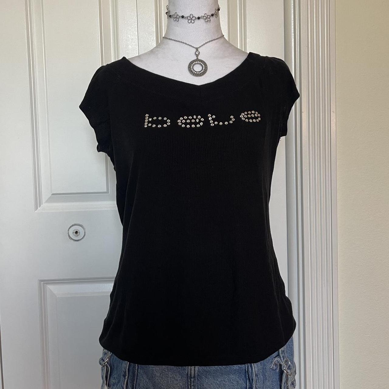 Black Ribbed Bebe rhinestone top with short sleeves... | Depop