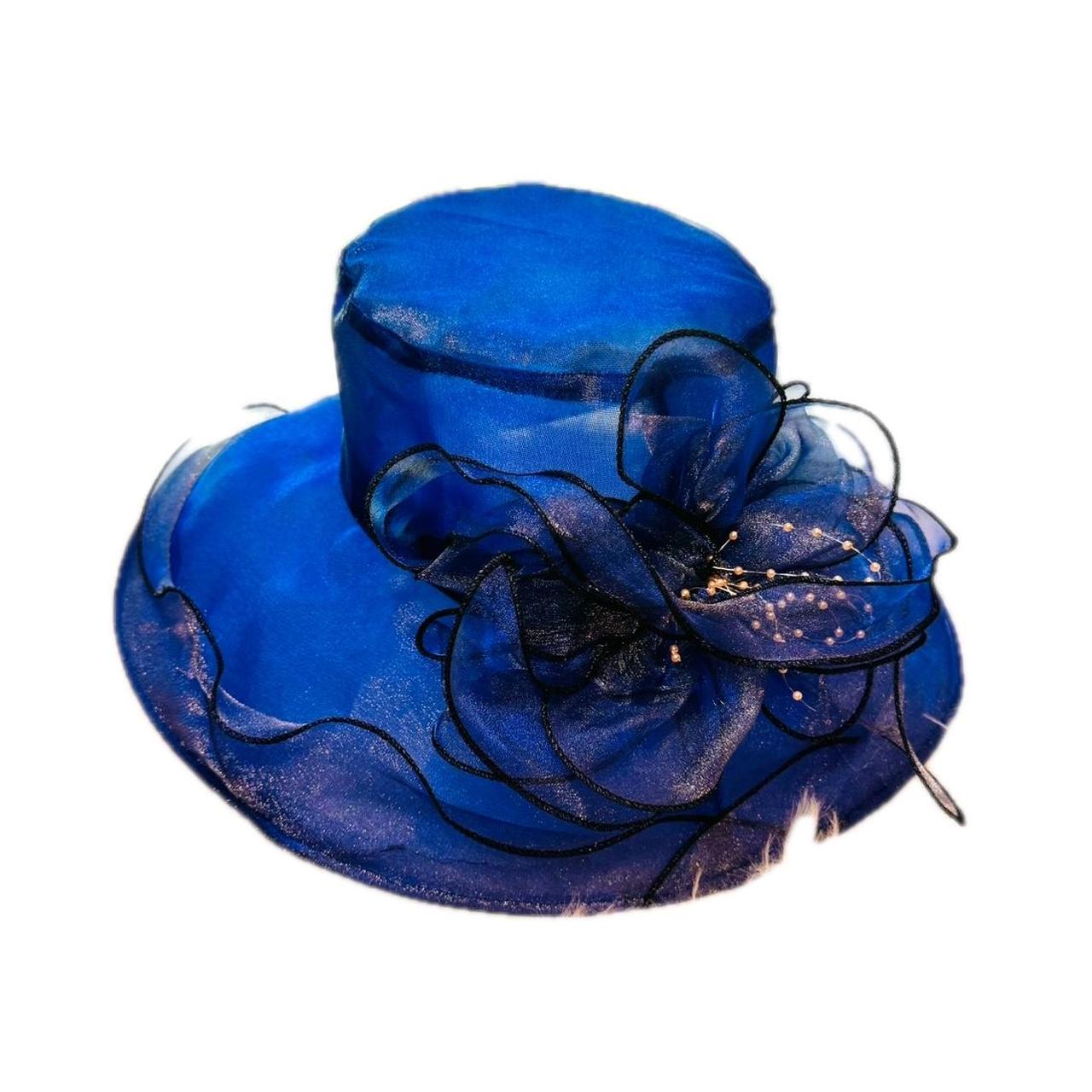 blue mesh hat with a floral design and ribbon detail... - Depop