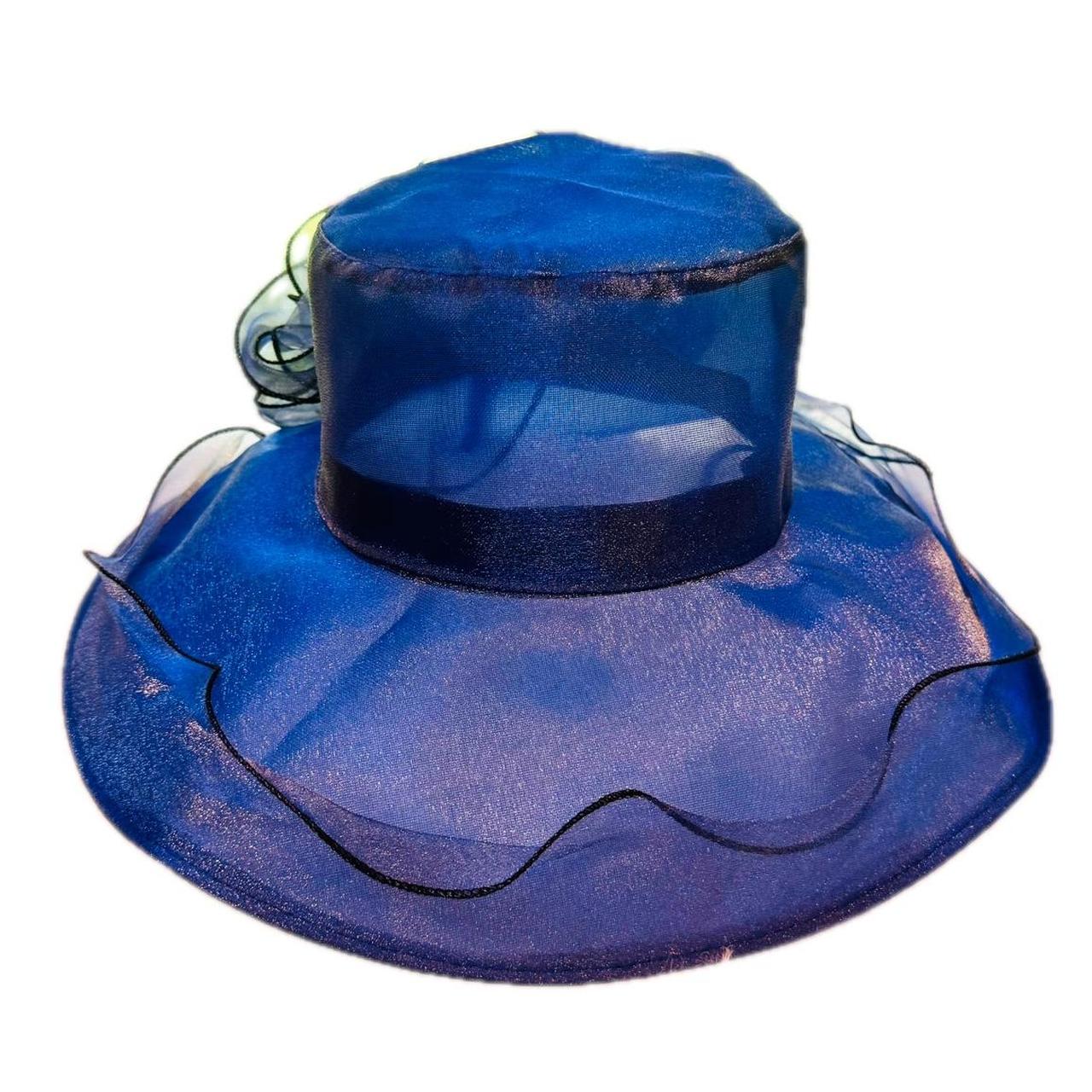 blue mesh hat with a floral design and ribbon detail... - Depop