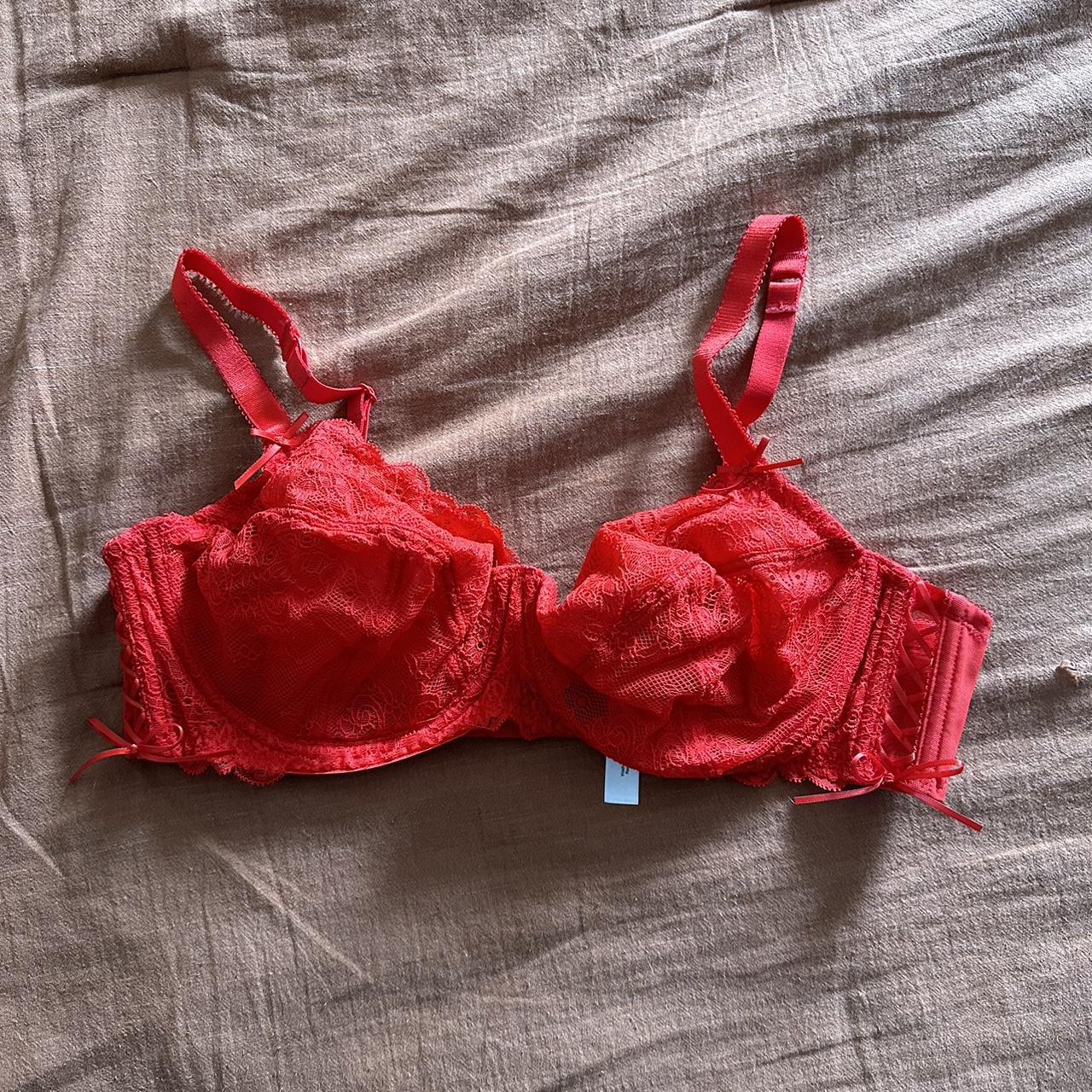 Lacy red Adore Me bra in size 40D, worn once or... - Depop