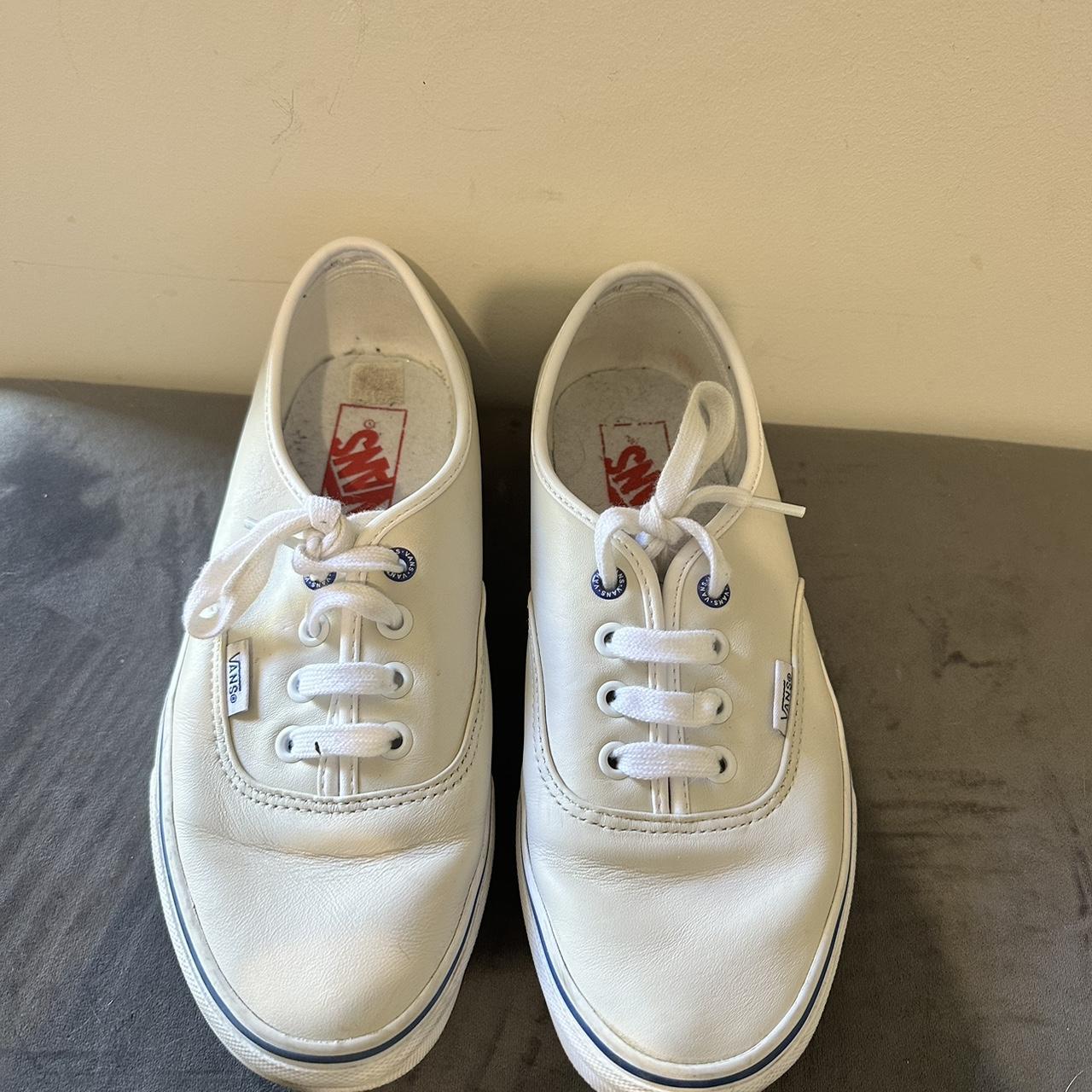 White leather with blue trim vans size 8 - Depop