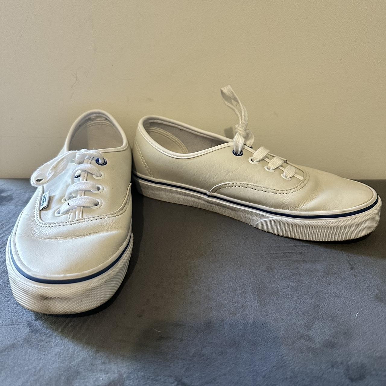 White leather with blue trim vans size 8 - Depop
