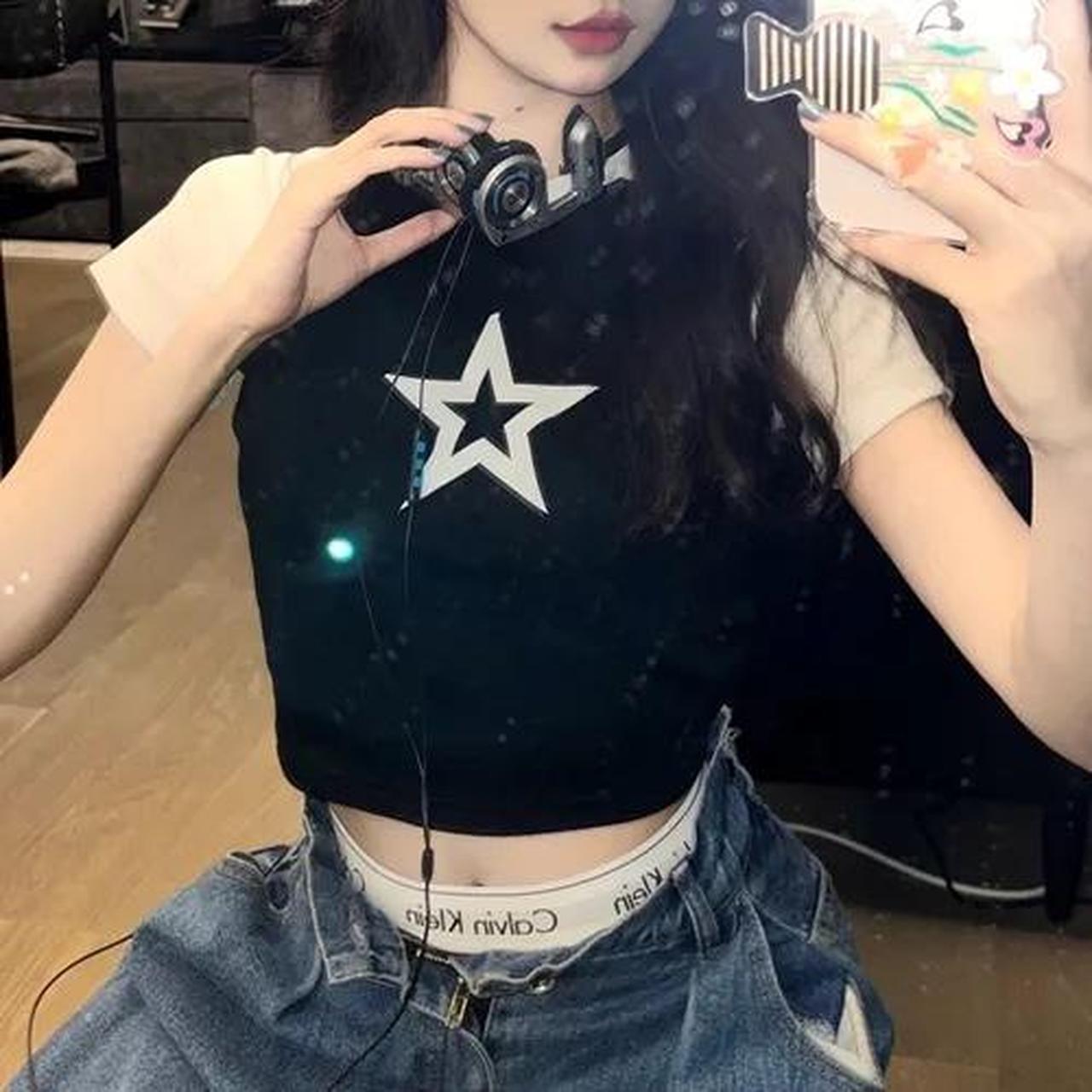 yesstyle cropped star t-shirt size: S colour: black... - Depop