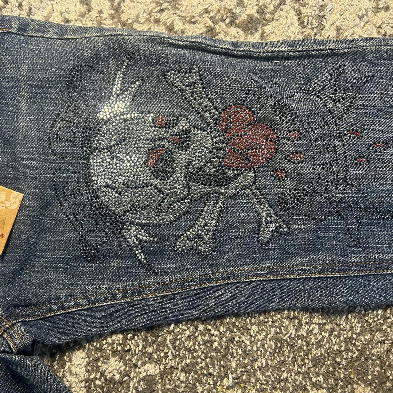y2k ed hardy style rhinestones skull pants flare - Depop