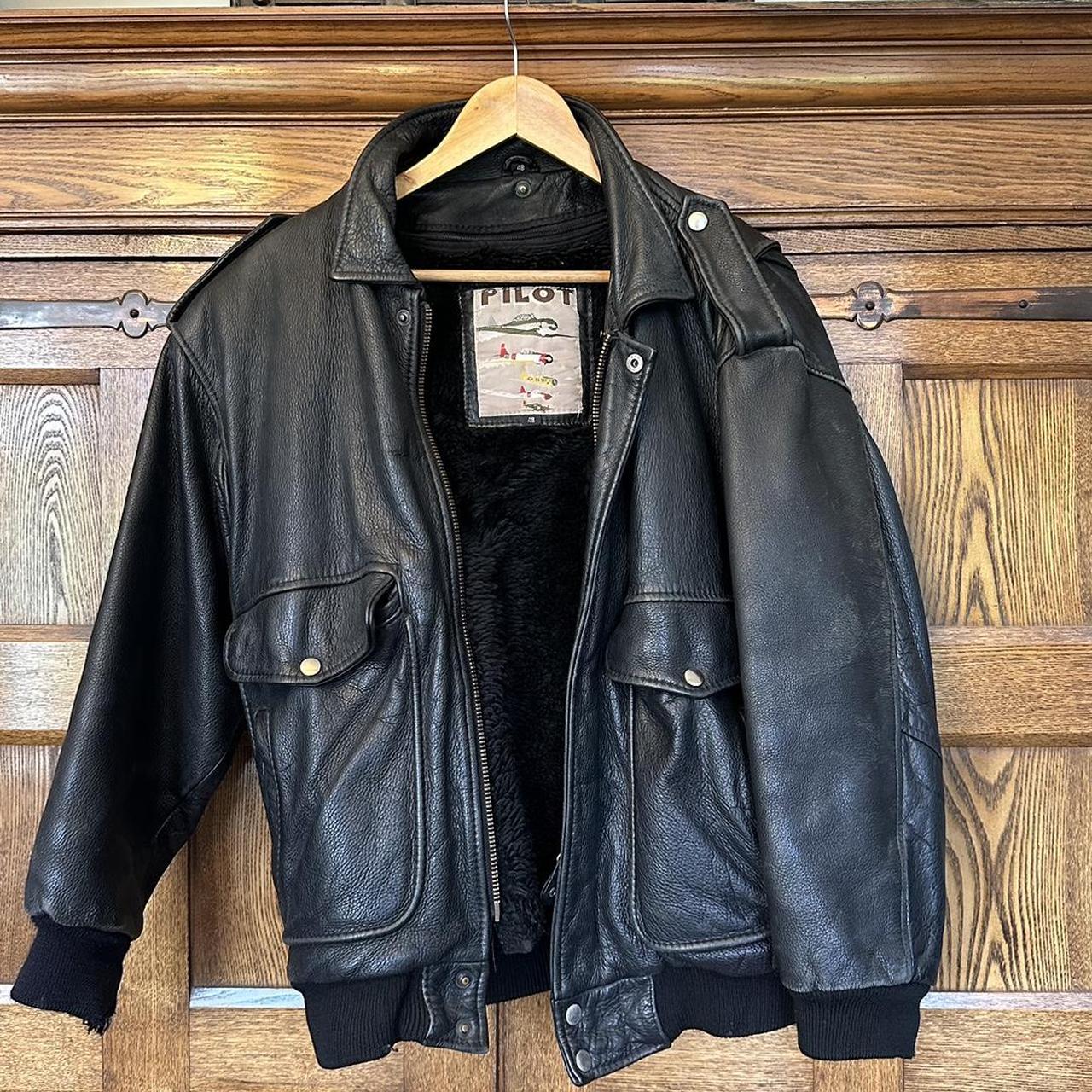Vintage leather pilot jacket with fleece lining.... - Depop