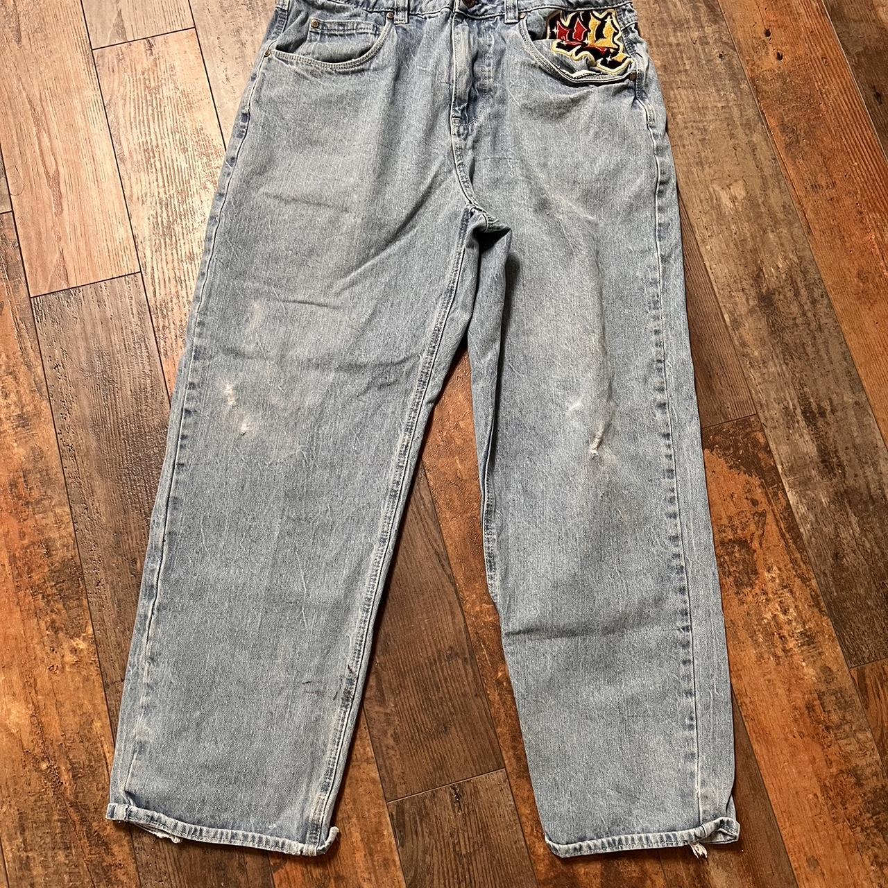 dope embroidered dragon jeans, very well worn and... - Depop