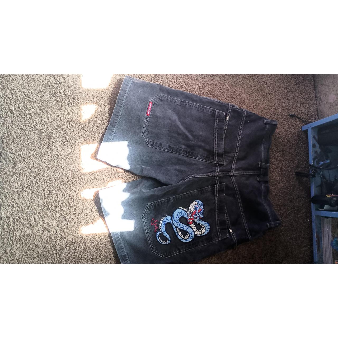 JNCO navy denim shorts with snake design #skater... | Depop