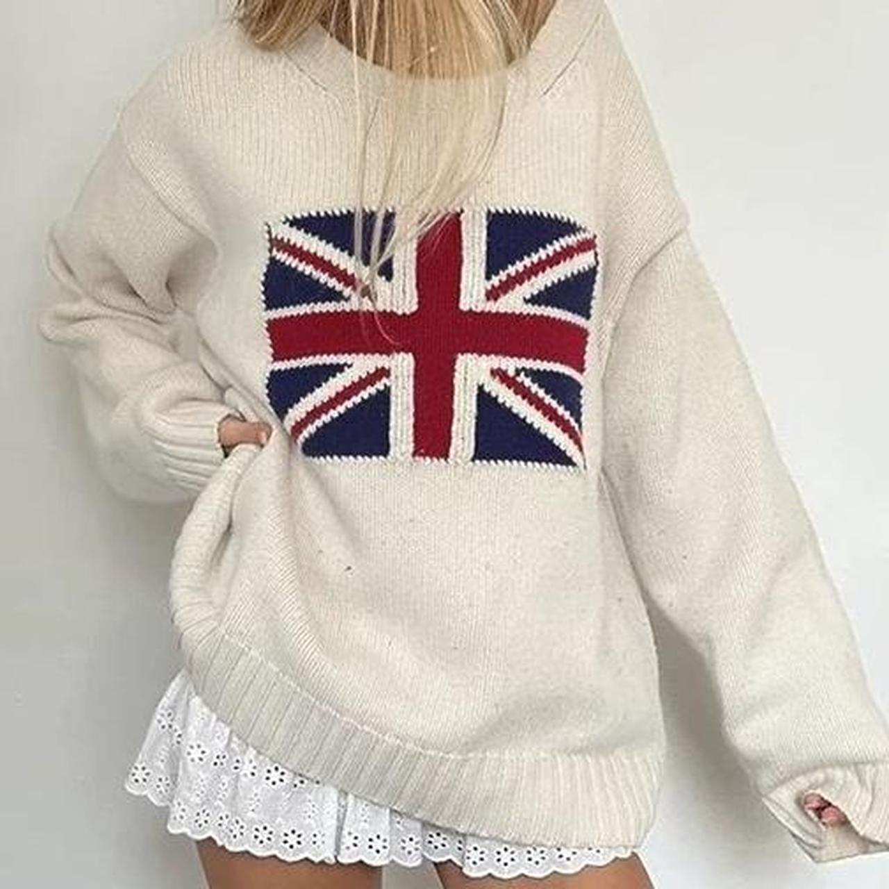 Cream and red Union Jack knit jumper uk flag... - Depop