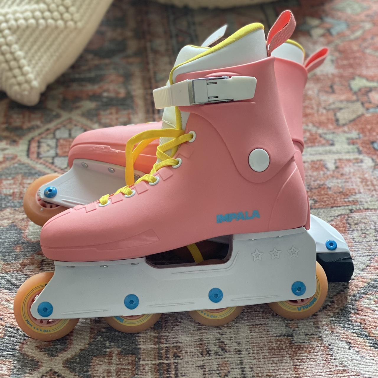 Impala pink & yellow roller blades, size 7 - Depop