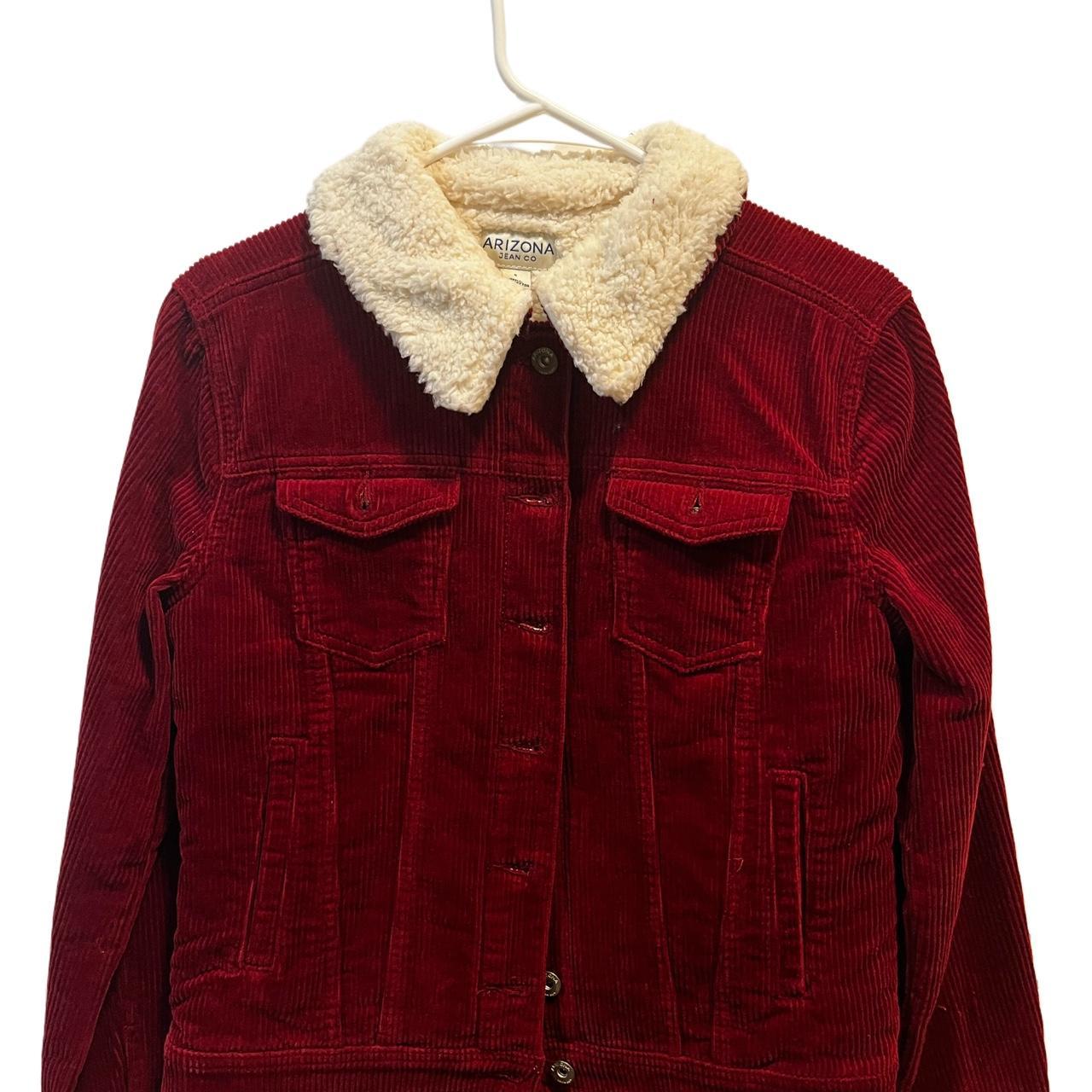Red corduroy jacket with white sherpa fur... - Depop