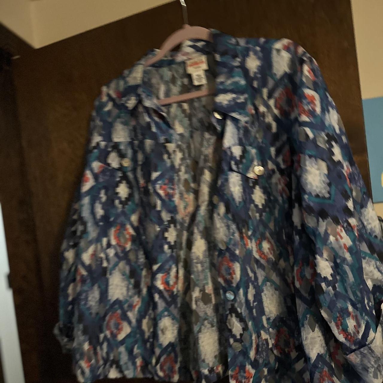 Ruby Rd. Blue, White, Black, And Red button up... - Depop