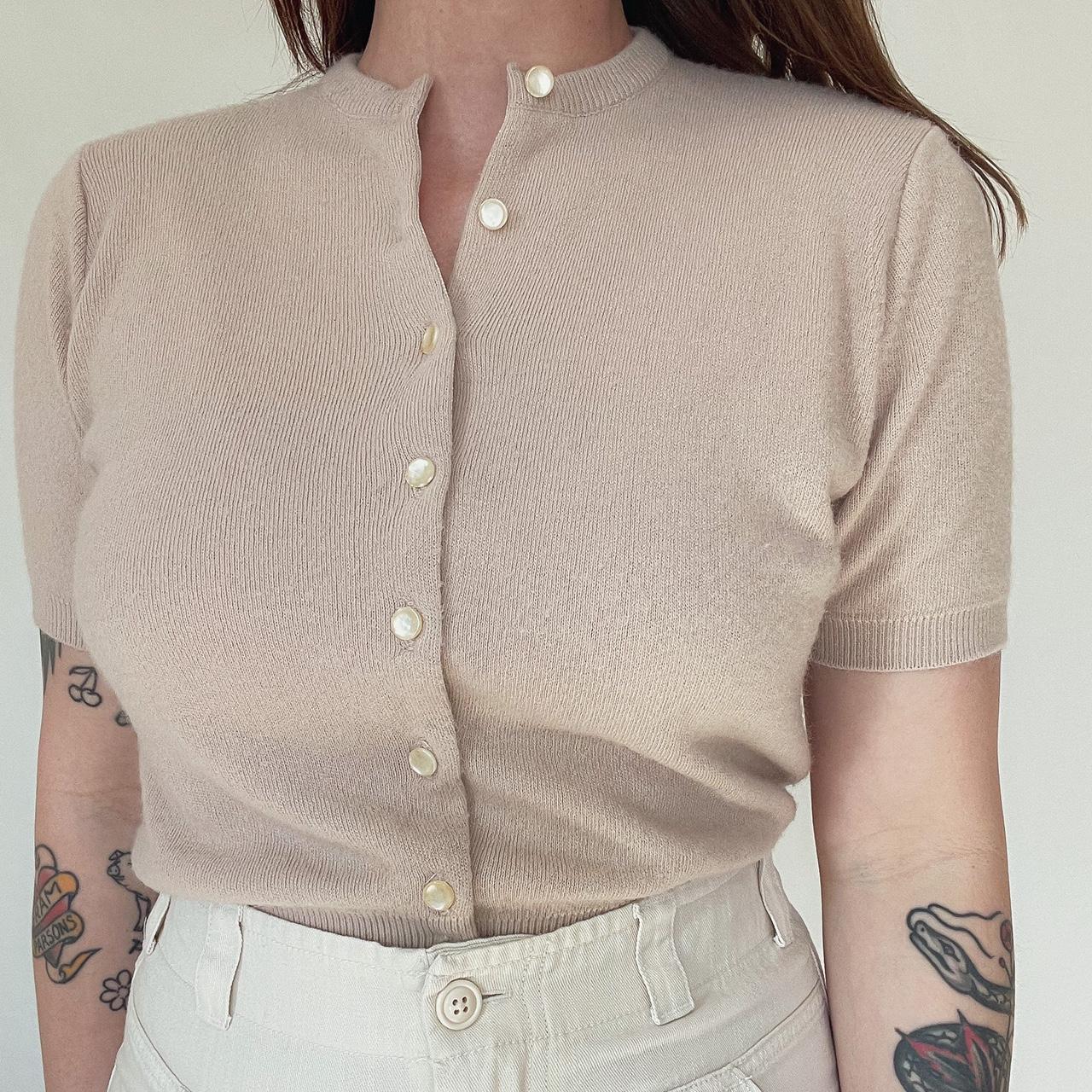 vintage beige cropped cardigan sweater top. size:... - Depop