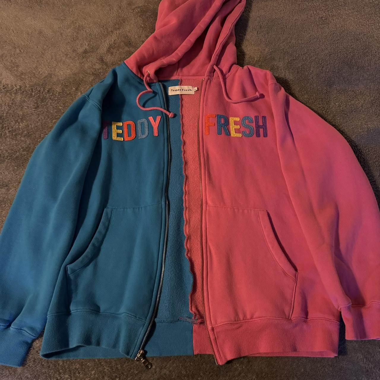 pink and blue split teddy fresh jacket hoodie, size... - Depop