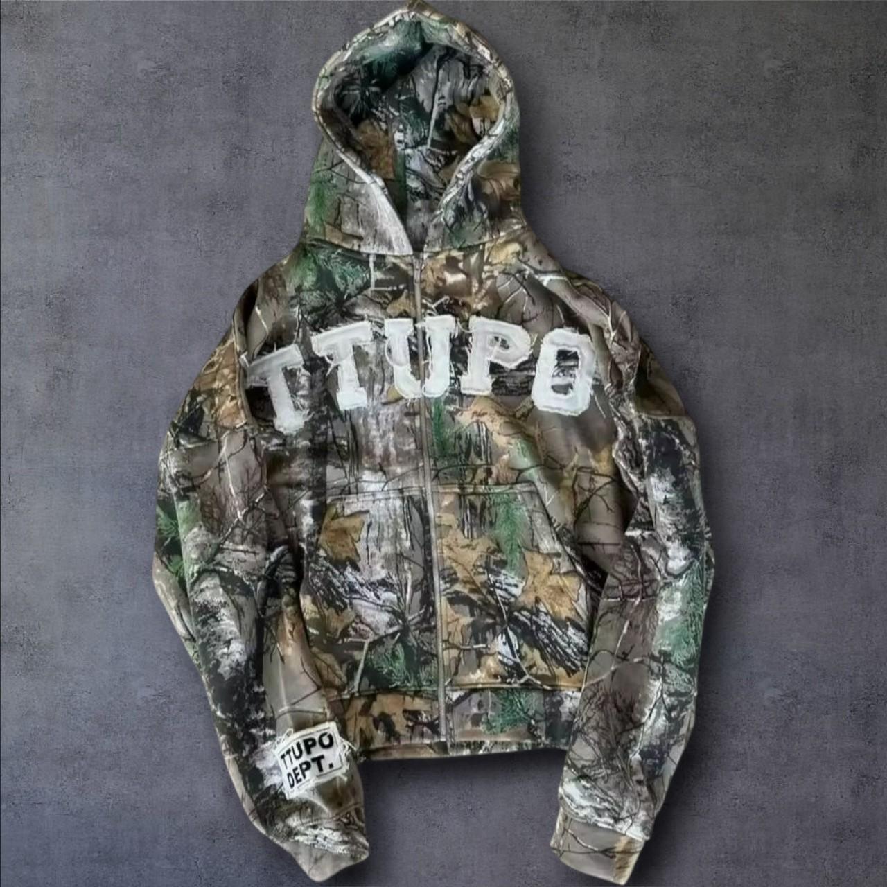 TTUPO Camo Zip-Up Hoodie | Chenille Letter Patch |... | Depop