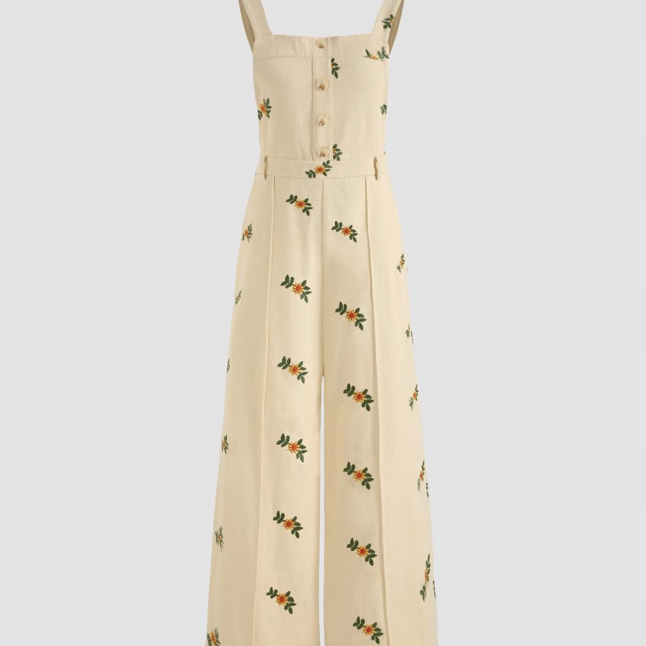 cream coloured jumpsuit/dungaree/overalls with... - Depop