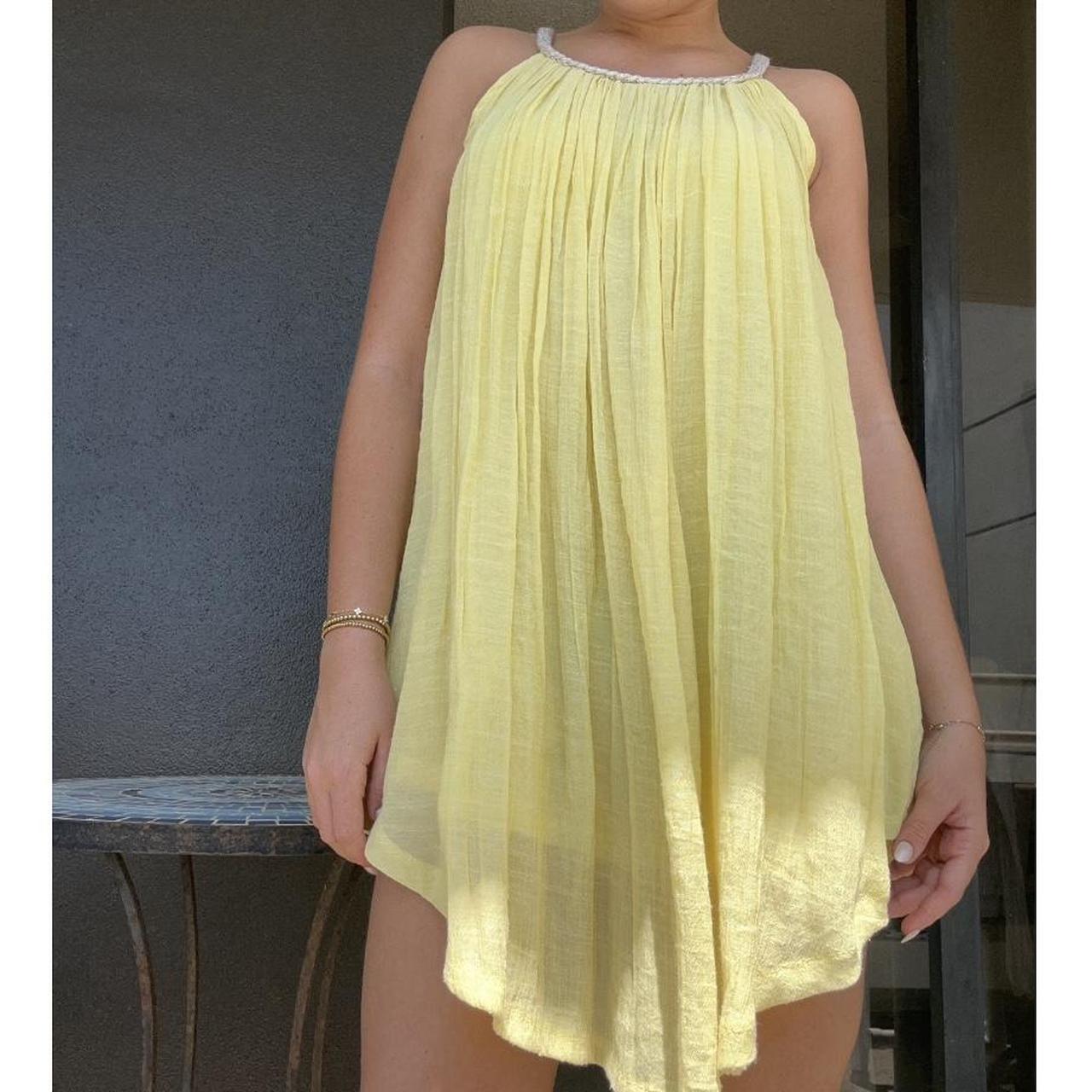 Yellow flowy boho summer tunic dress Halter neck... - Depop