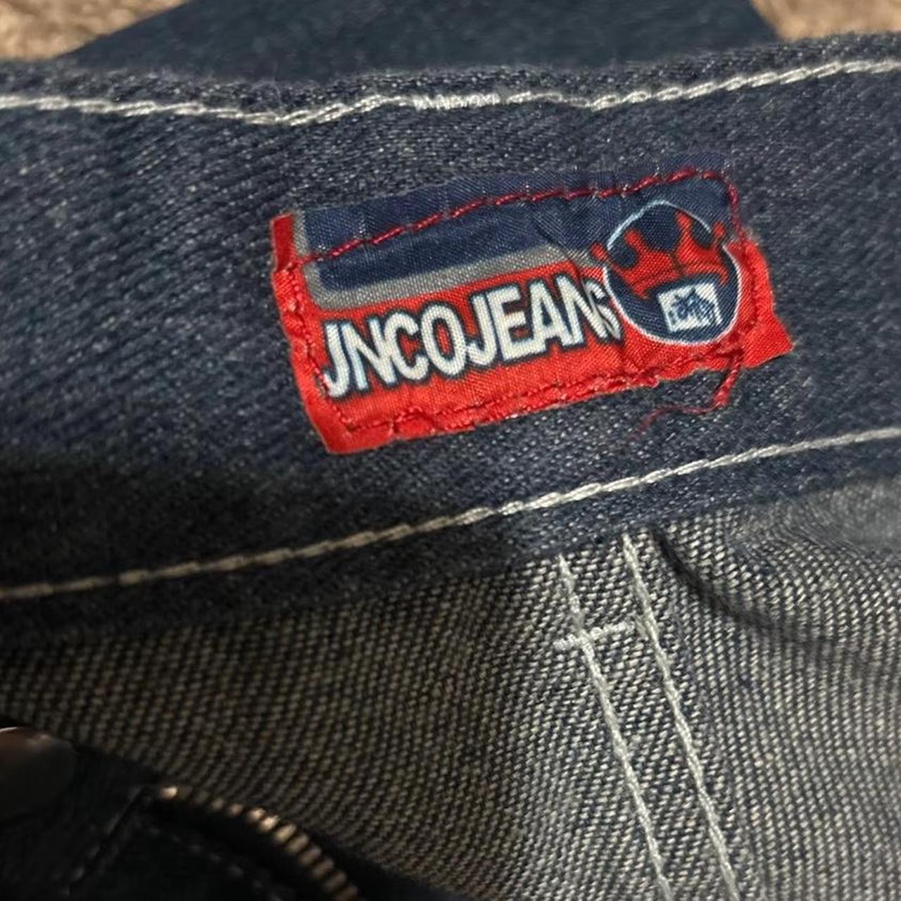 Navy blue jnco jeans embroidered dice jeans with a... - Depop