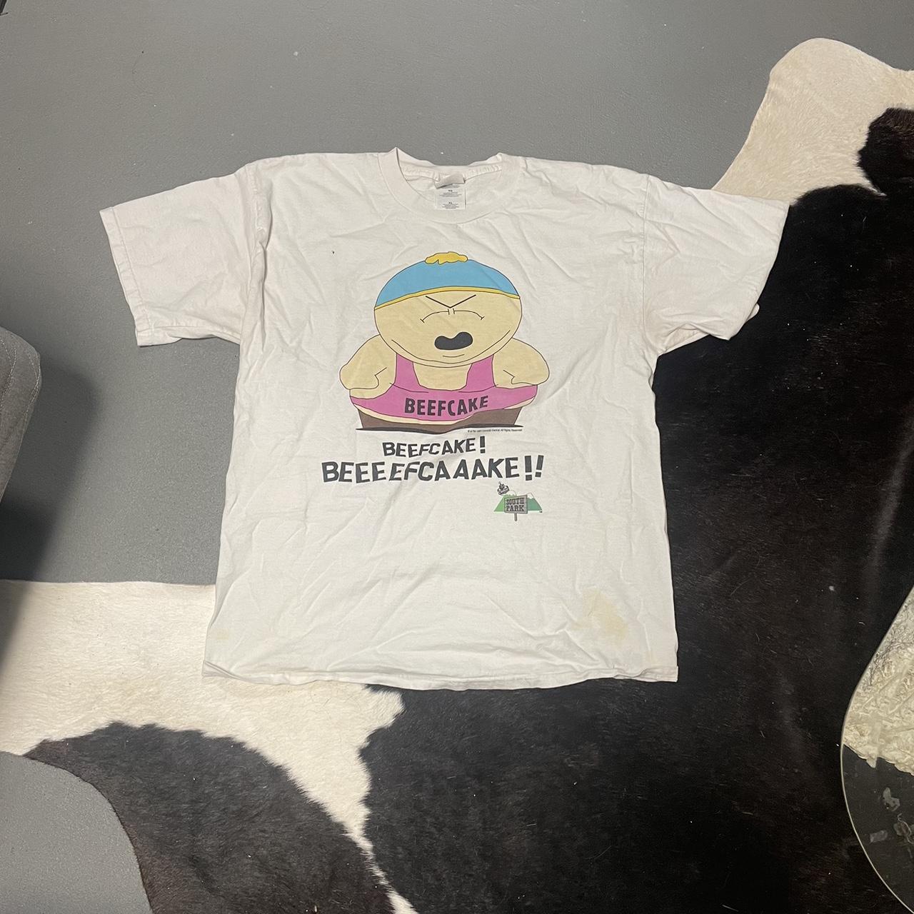 1997 South Park beefcake t-shirt small yellow... - Depop