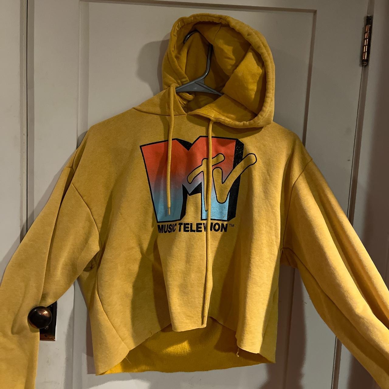 mtv yellow cropped hoodie size medium - Depop