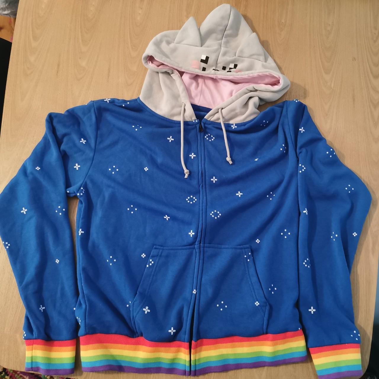 Nyan cat zip up blue hoodie with rainbow cuffs, hood... | Depop