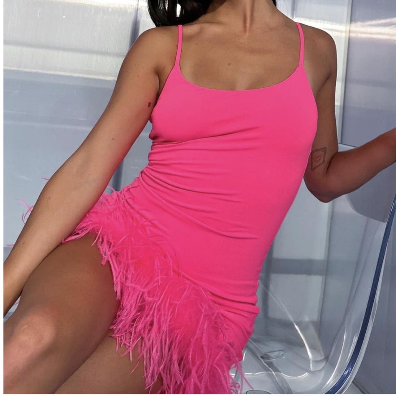 Pink White Fox Mini Dress With Feathers In Perfect Depop