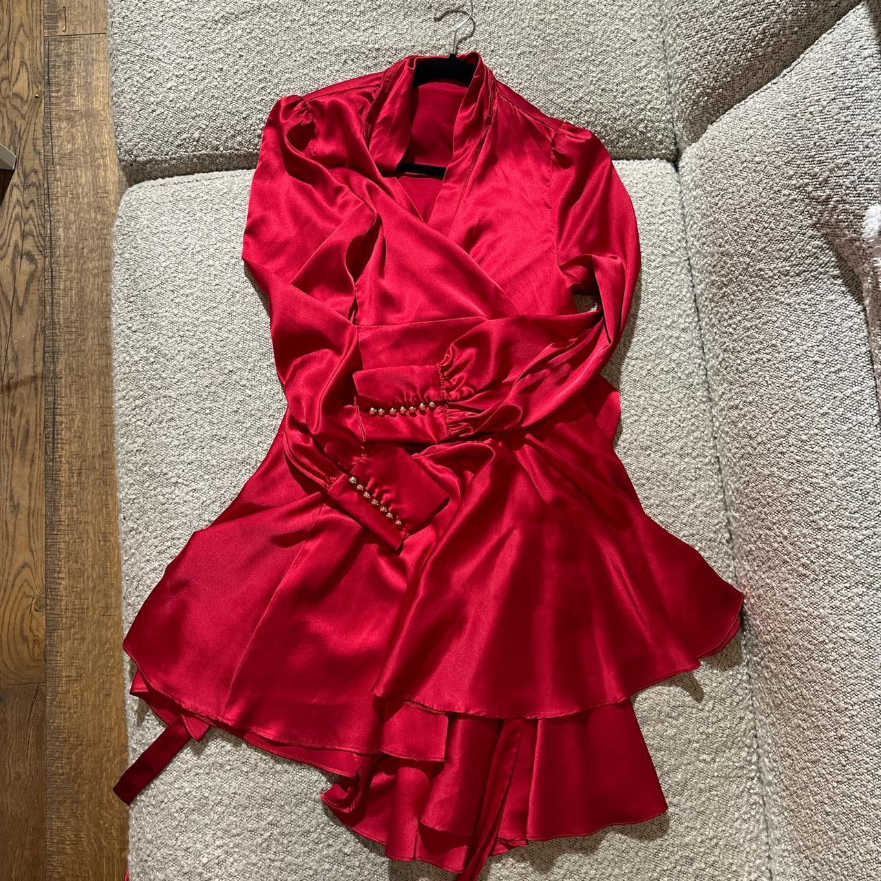 Ruby red satin dress with heavyweight gold buttons.... - Depop