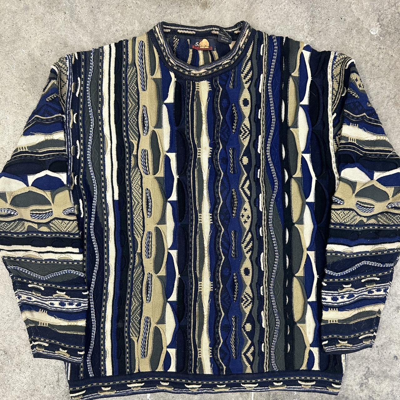 Navy and white Coogi-style knit sweater knit #biggie... - Depop