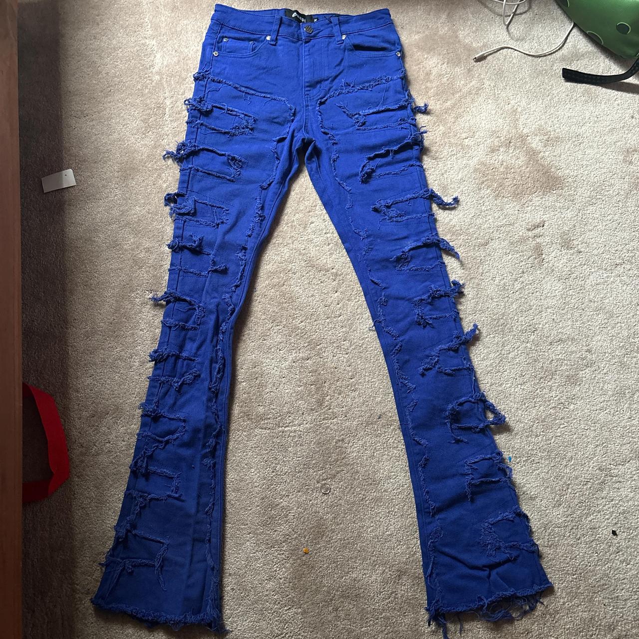 Blue guapi flared leg stacked jeans with ripped... | Depop