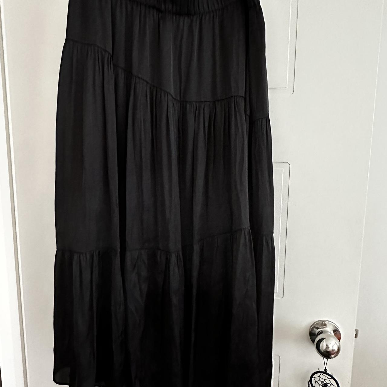 Worn once black silky look Basque maxi skirt size 14 - Depop