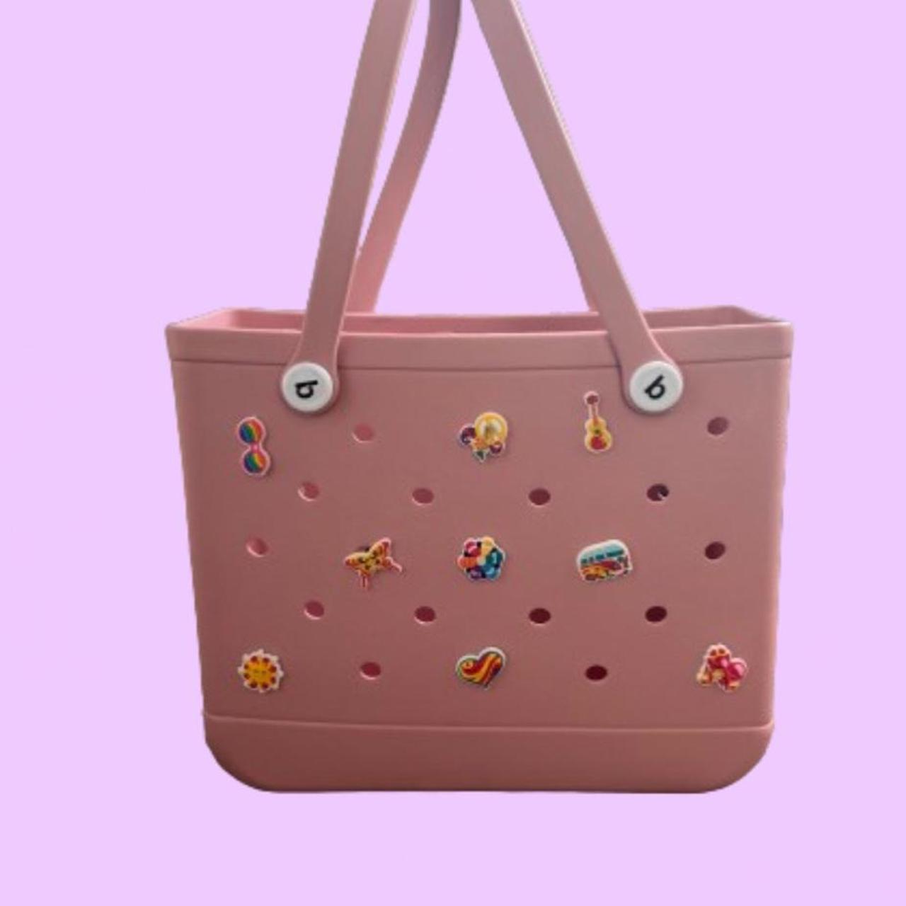 baby pink croc bag with cute hippie charms •... - Depop