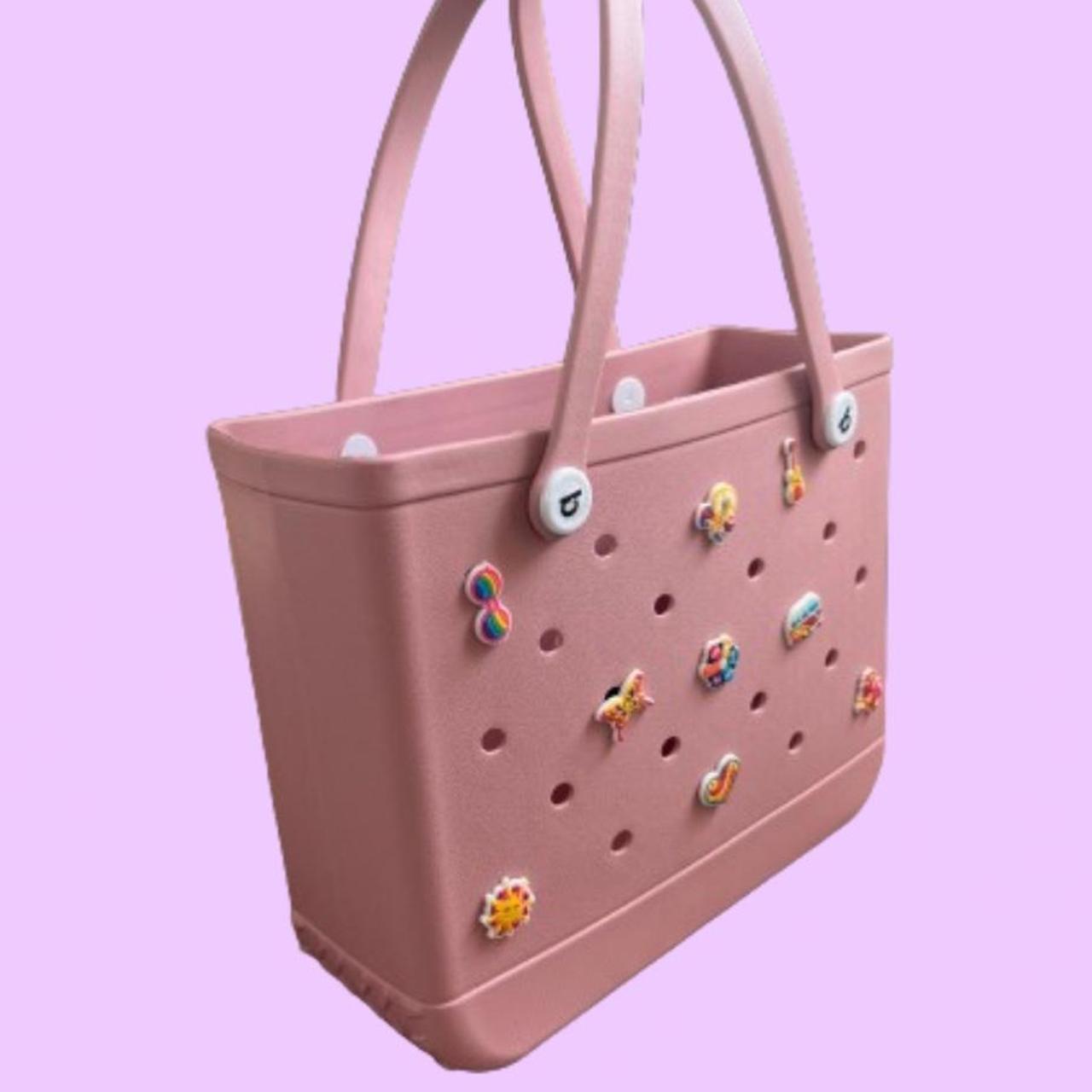 baby pink croc bag with cute hippie charms •... - Depop