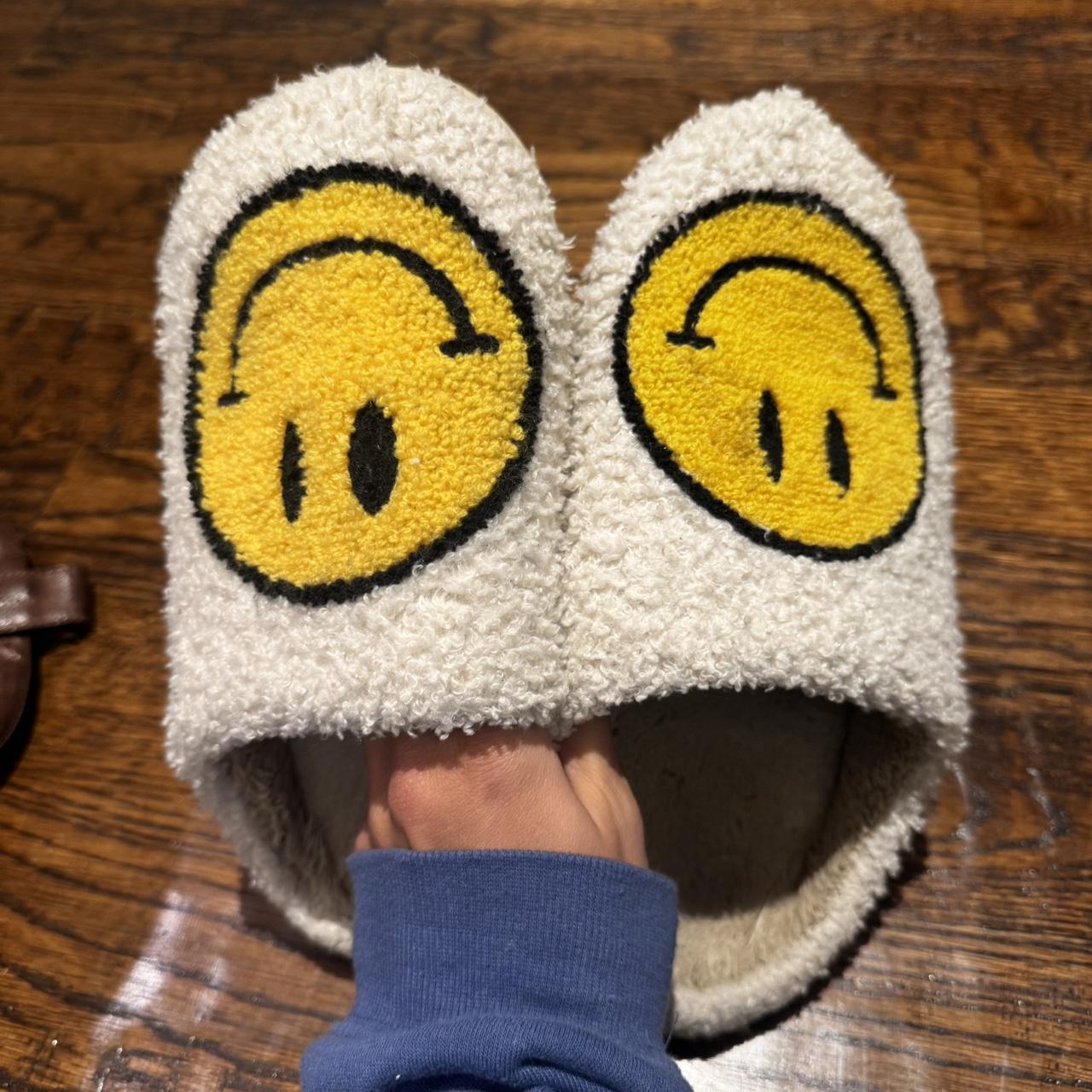 fuzzy smiley face slippers; cream/white coloring.... | Depop