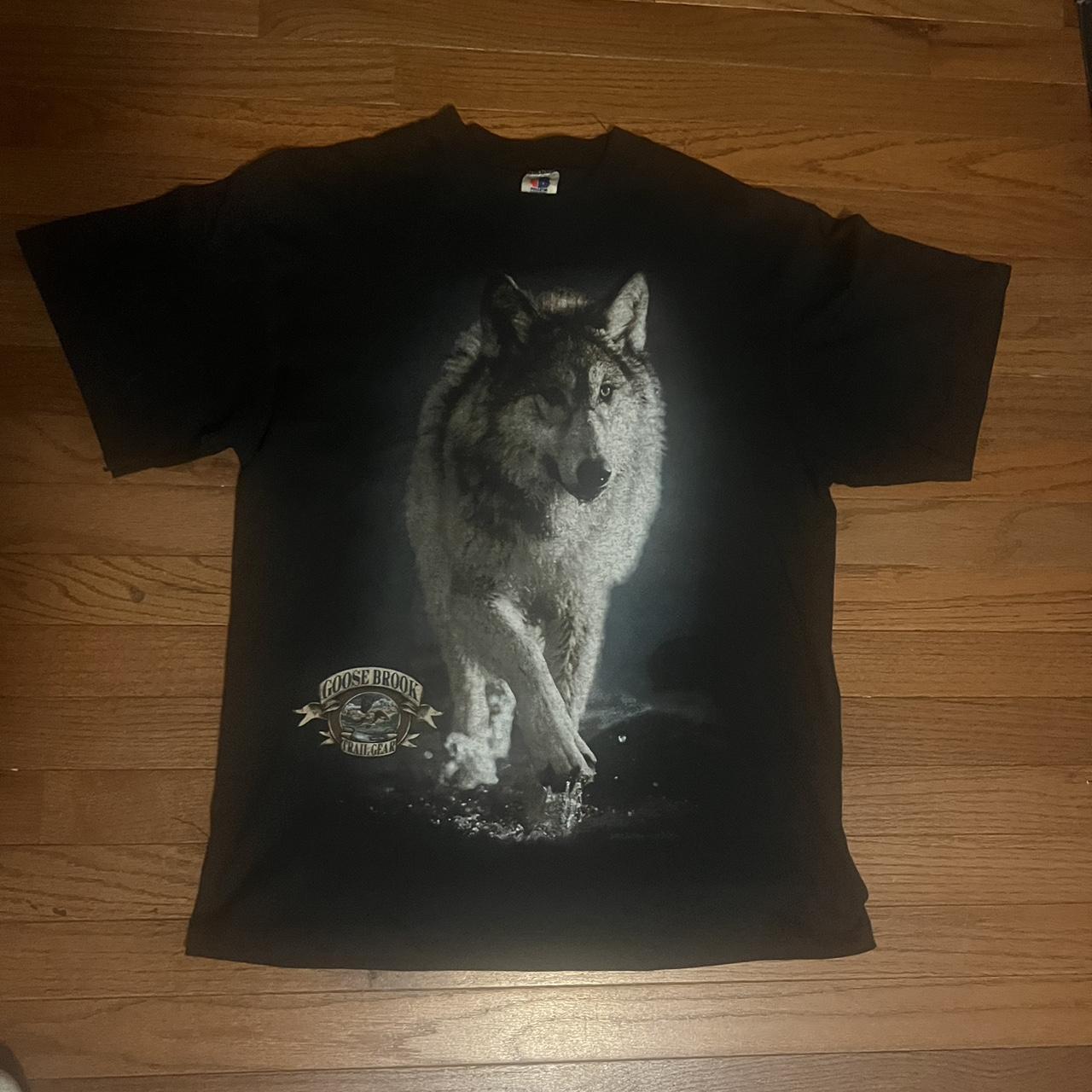 black and grey vintage graphic wolf tee, high... - Depop