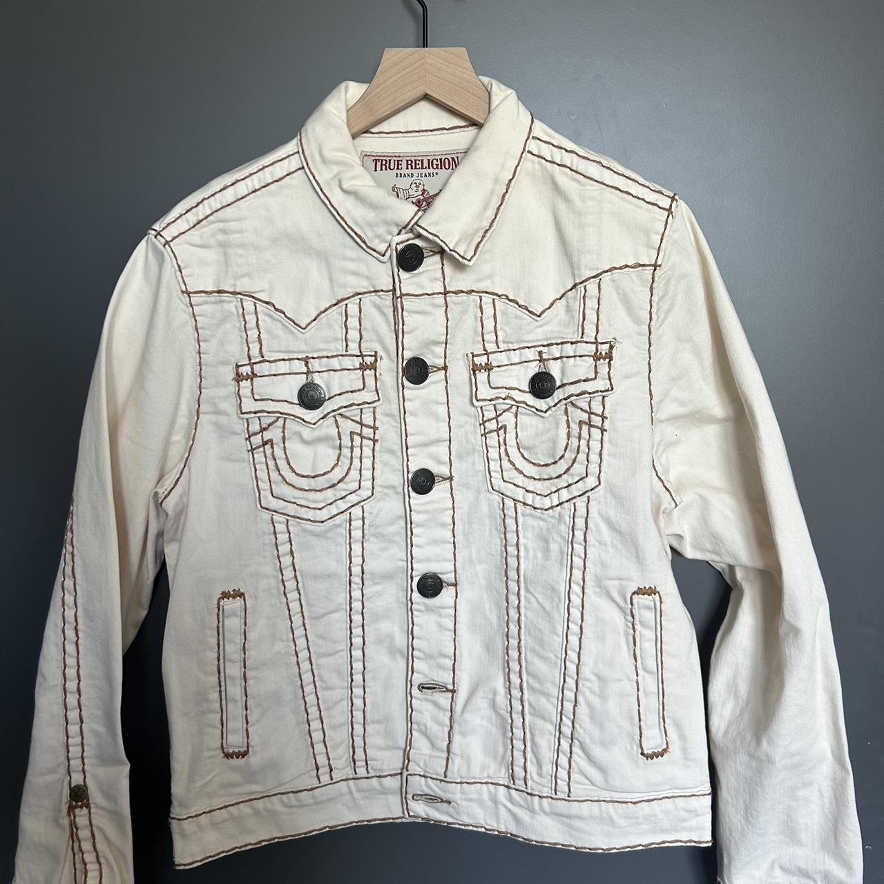 White True Religion Denim Jacket with burnt orange... - Depop