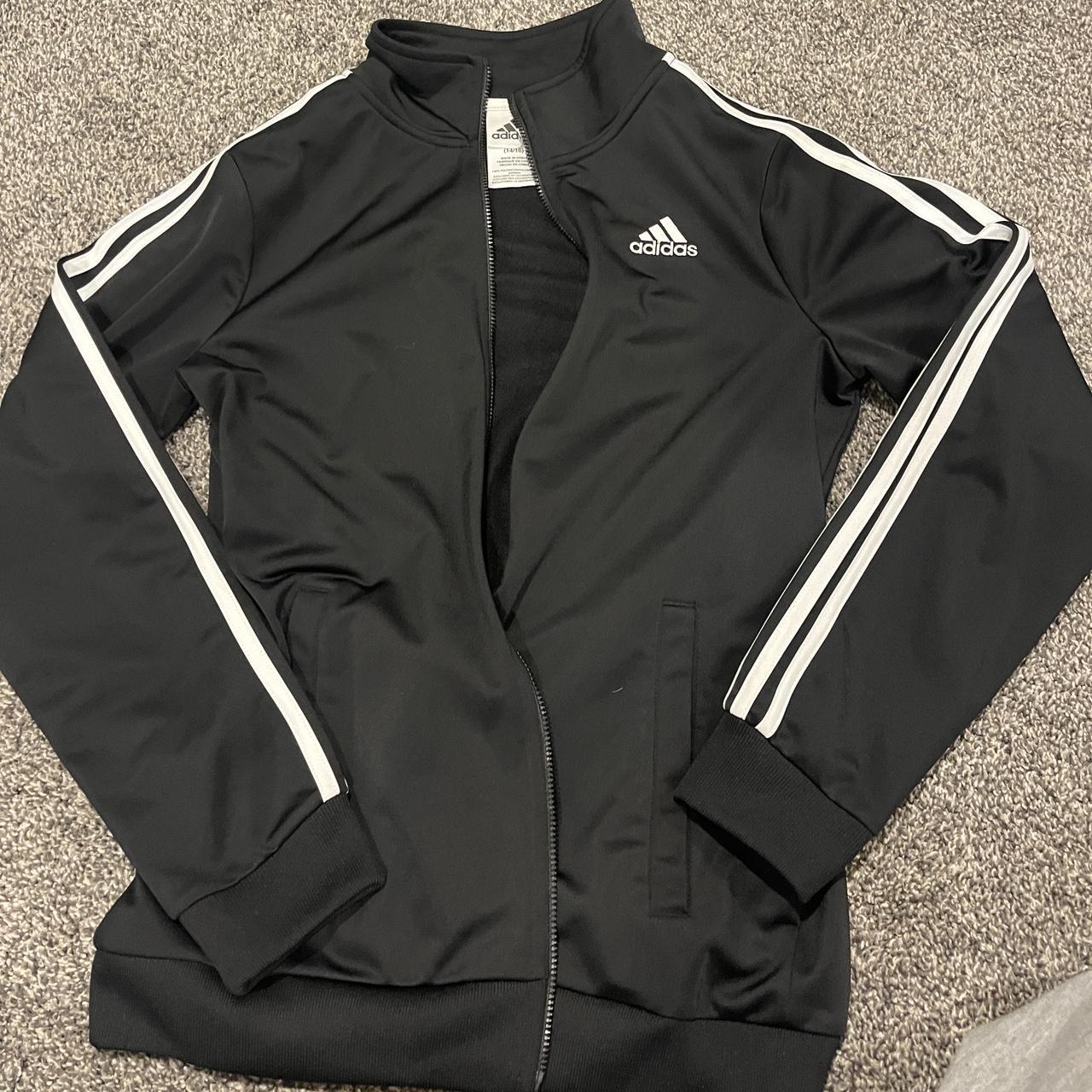 Vintage black with white stripes adidas jacket. zip... - Depop