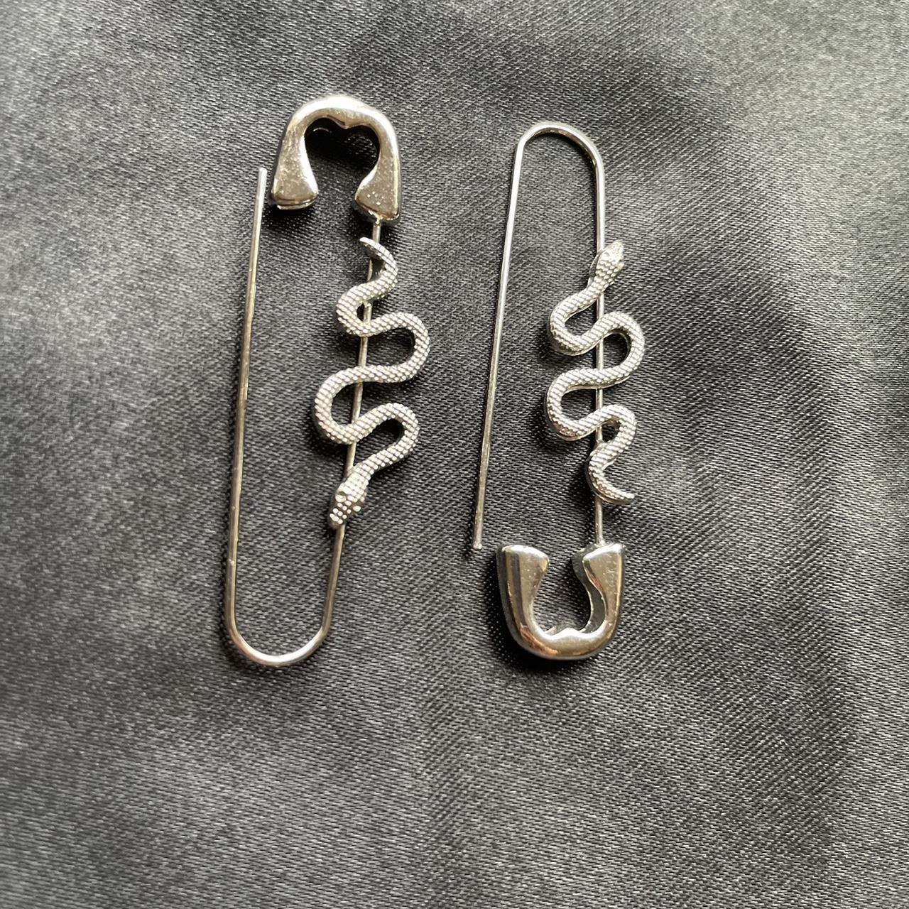 Cute Silver, fake safety pin with snake earrings - Depop