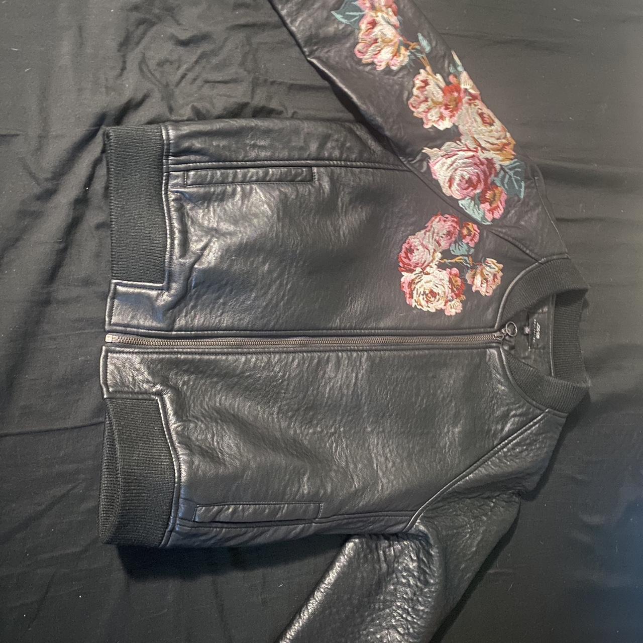 extra small black leather jacket with floral designs... - Depop