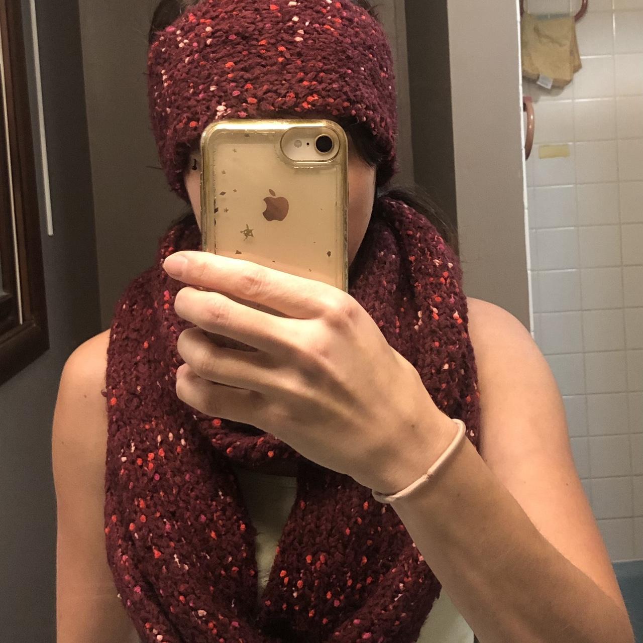 Maroon knit infinity scarf, and Winter headband set.... - Depop