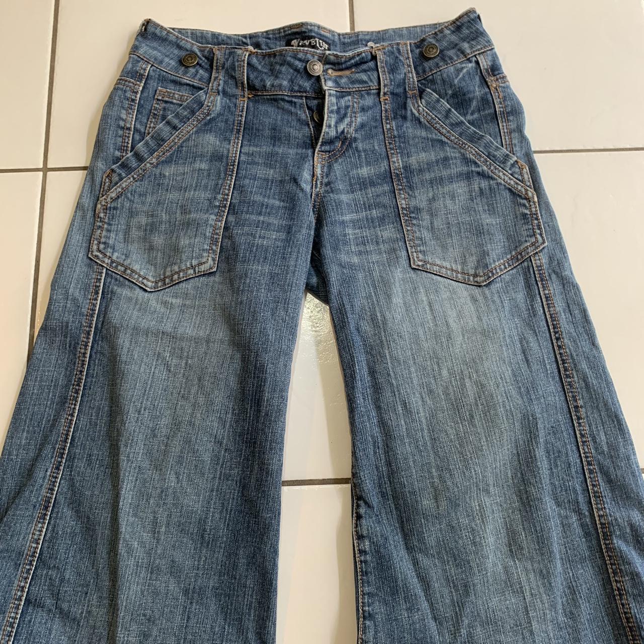 Dark wash low rise capris with unique pocket detail... | Depop