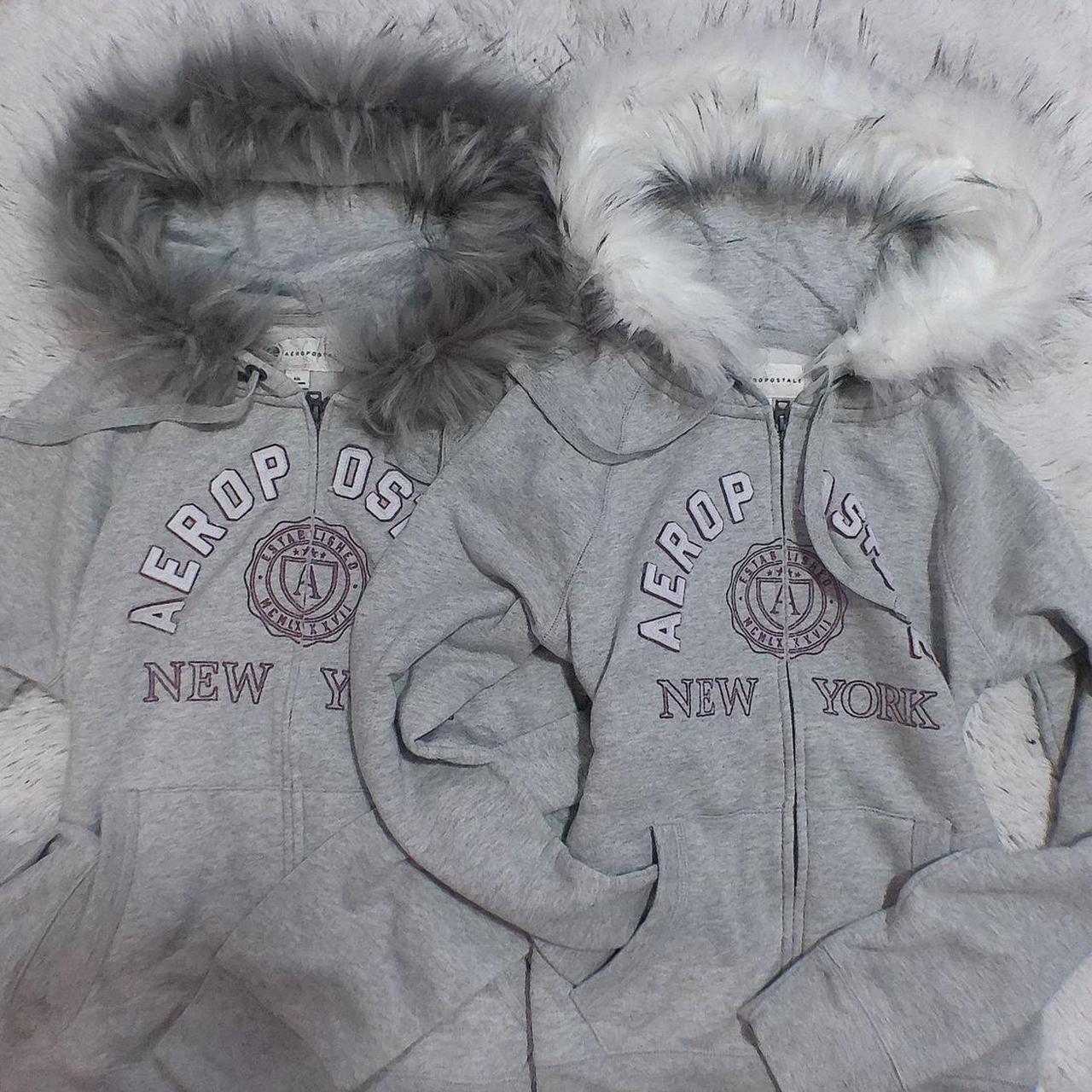 Grey Aeropostale zip up hoodies with fur hood dm... | Depop