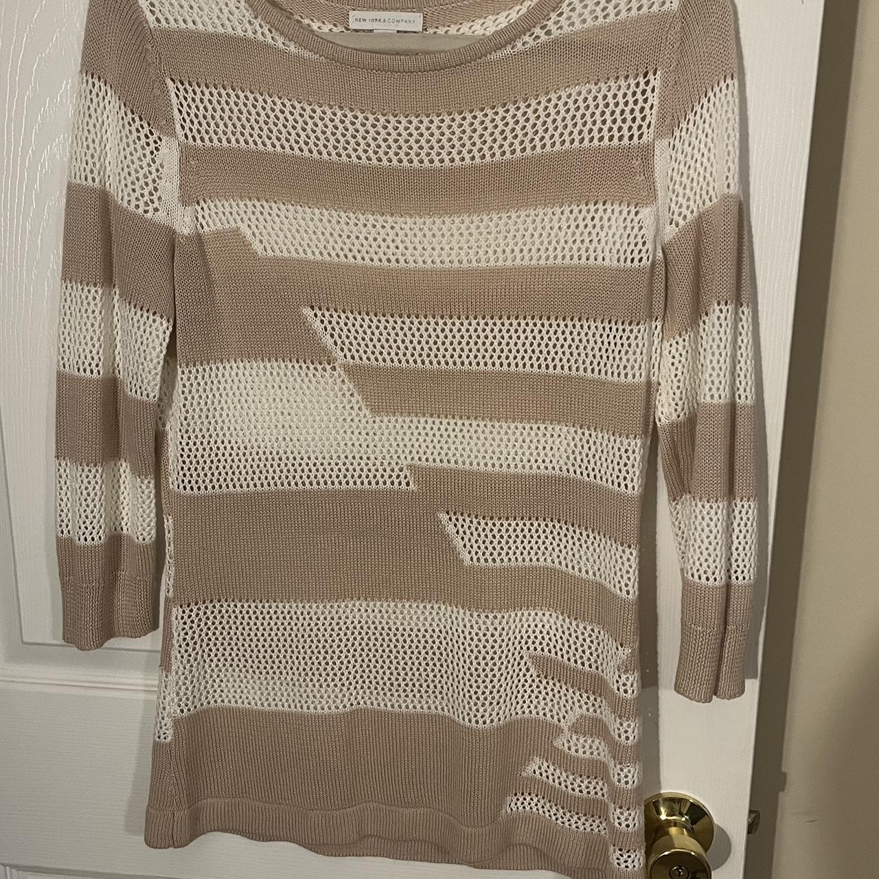 Tan and white knitted spring sweater. Great with... - Depop